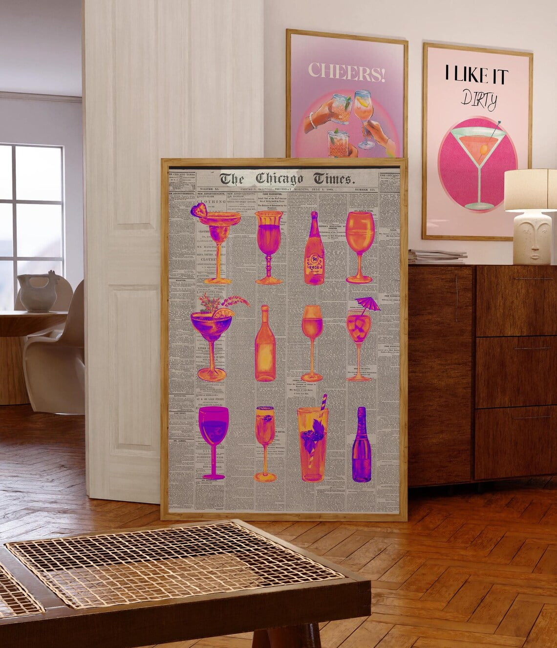 Retro Watercolor Champagne Cocktail Poster-Aesthetic Girly Bar Cart Art ...