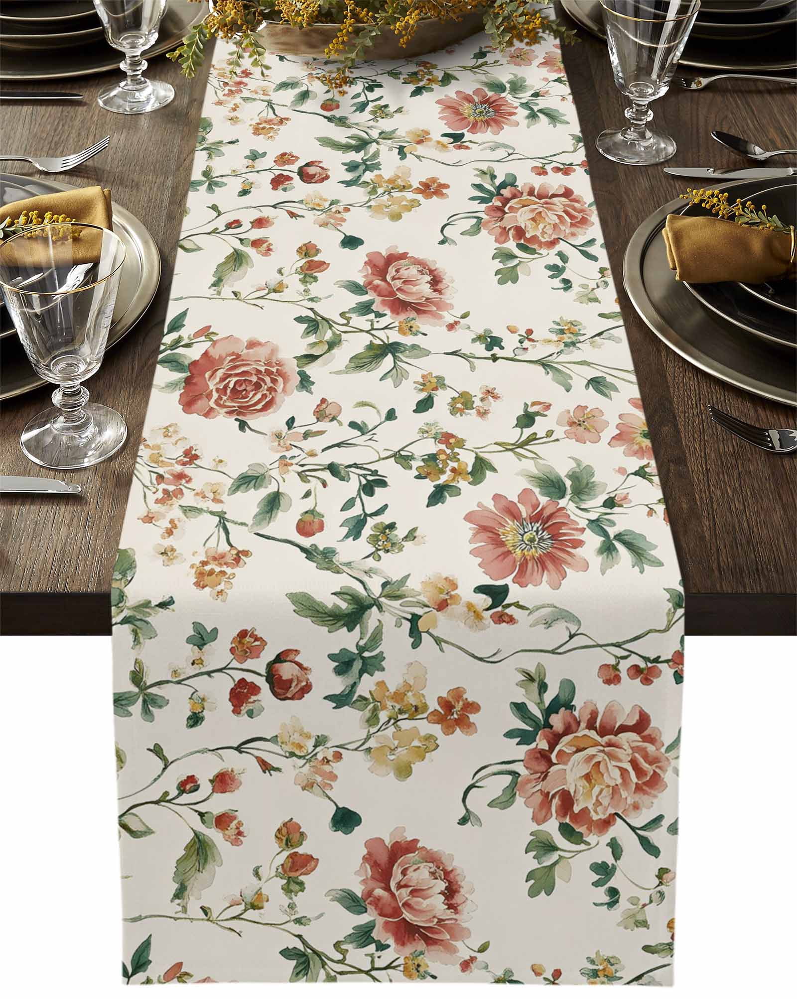 Retro Watercolor Floral Leaves Table Runners 13x36 Inches Long Linen ...
