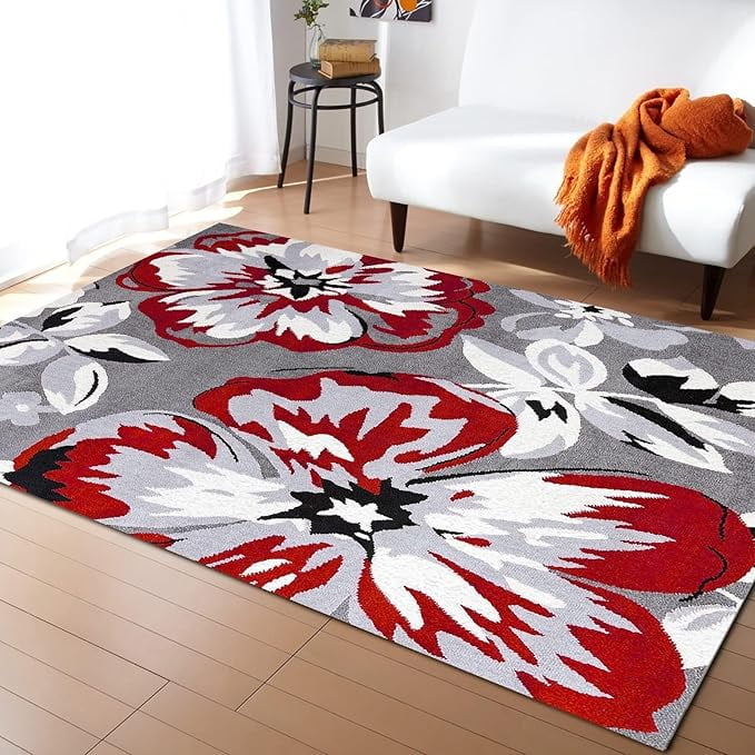 Retro Watercolor Flower Area Rug, Red And Grey Floral 3D Printed Runner ...