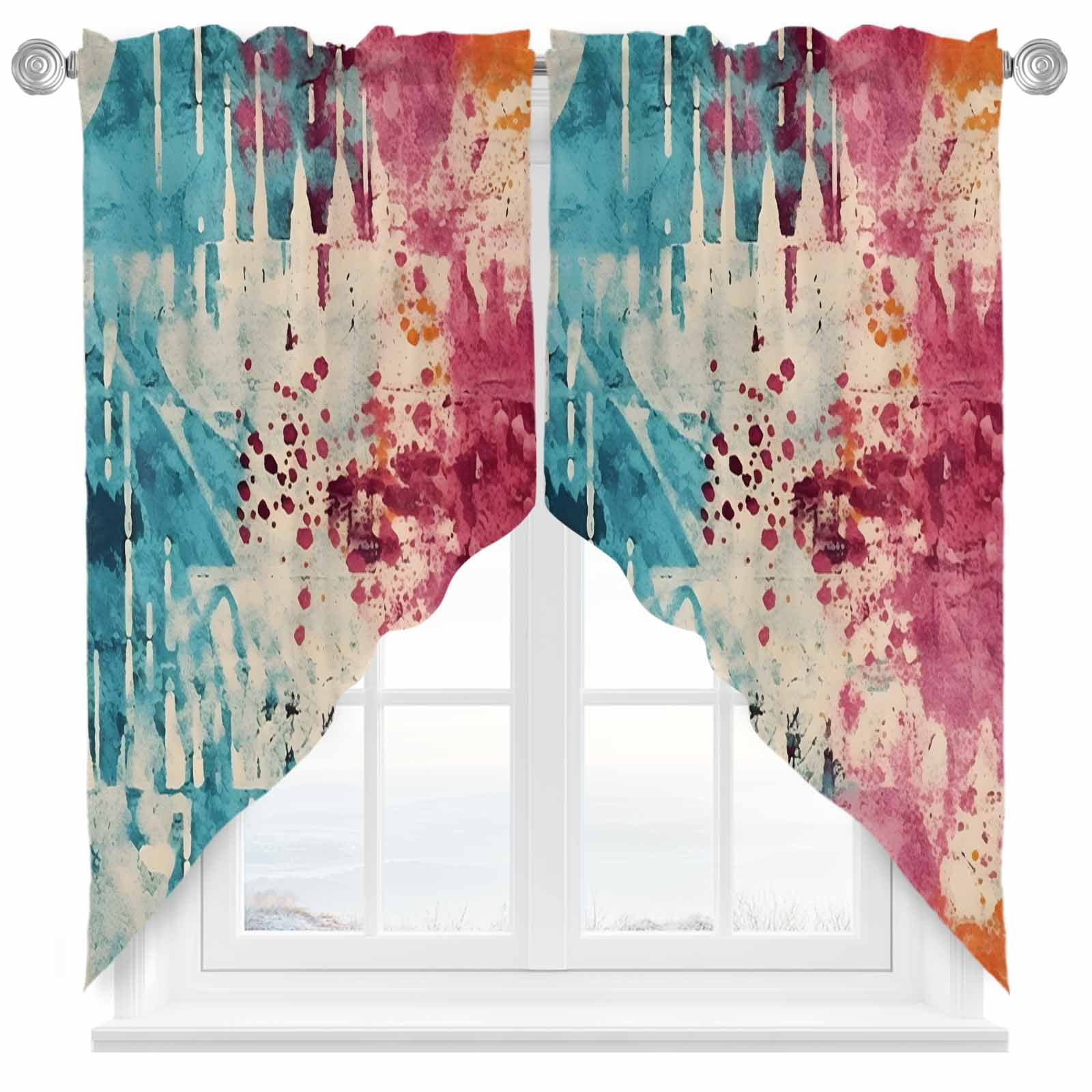 Retro Watercolor Swag Curtain Valance for Windows, Splash Art Blue Pink ...