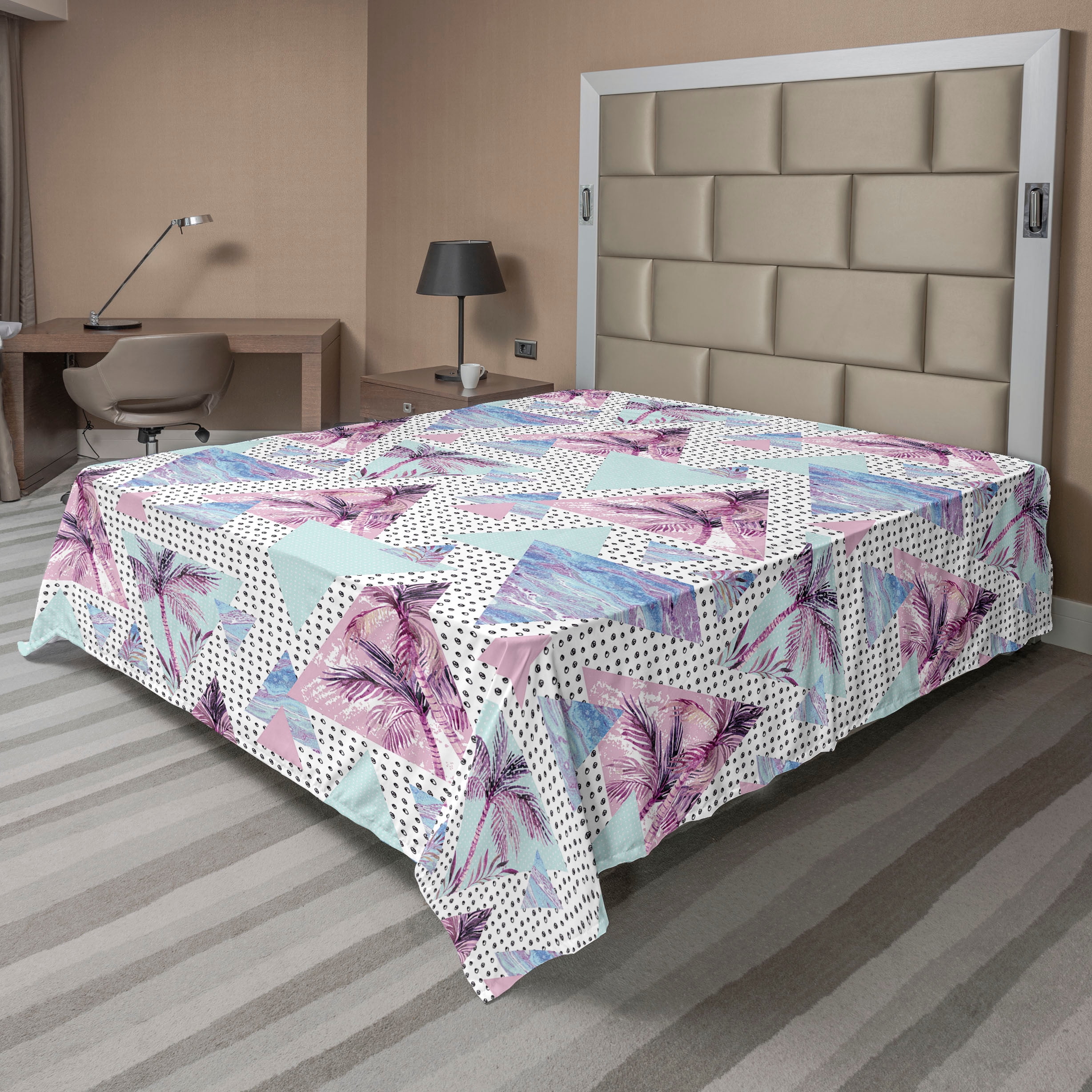 Retro Wave Flat Sheet, 90s Themed Palm Tree Illustrations in Triangles ...