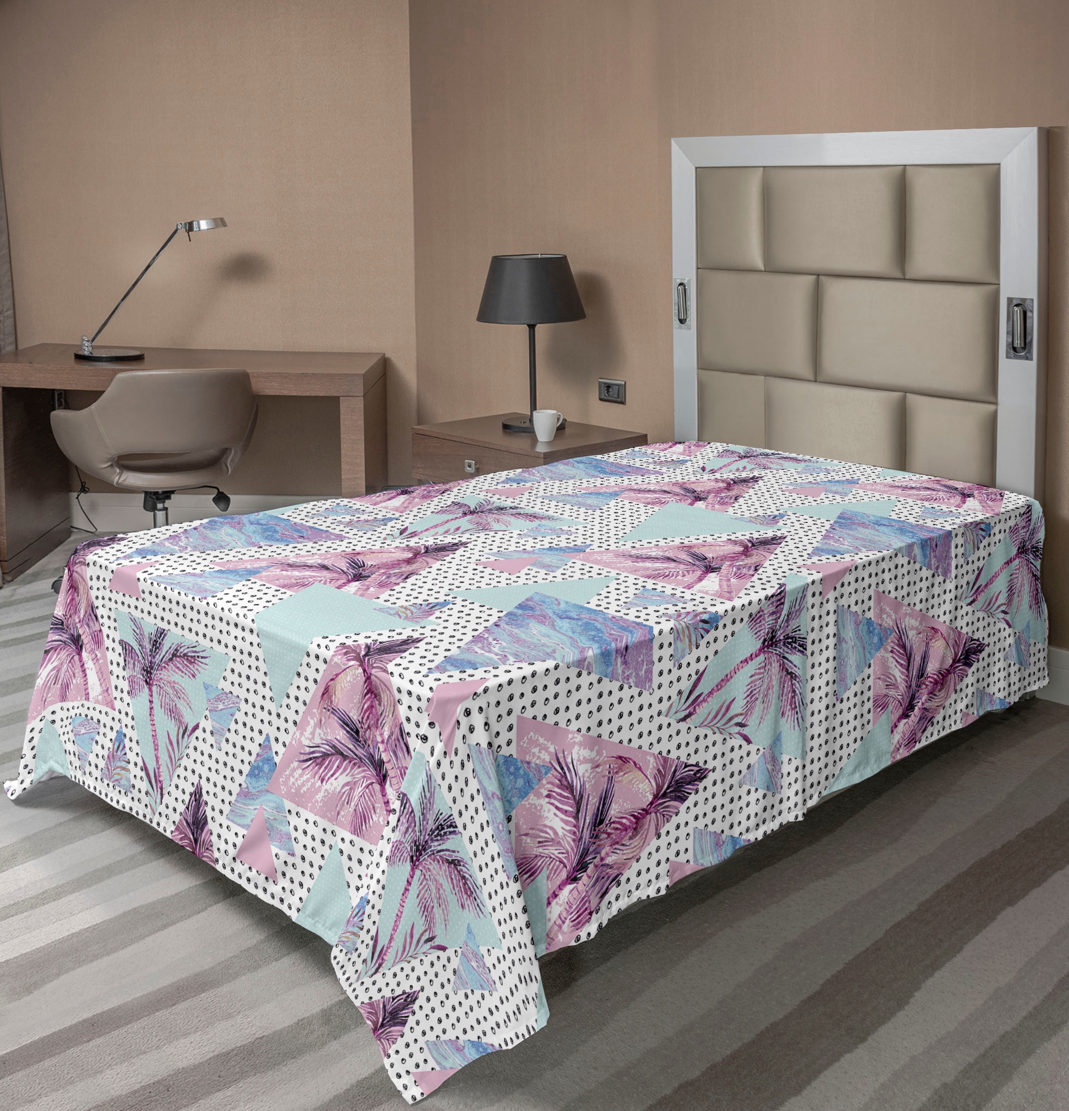 Retro Wave Flat Sheet, 90s Themed Palm Tree Illustrations in Triangles ...