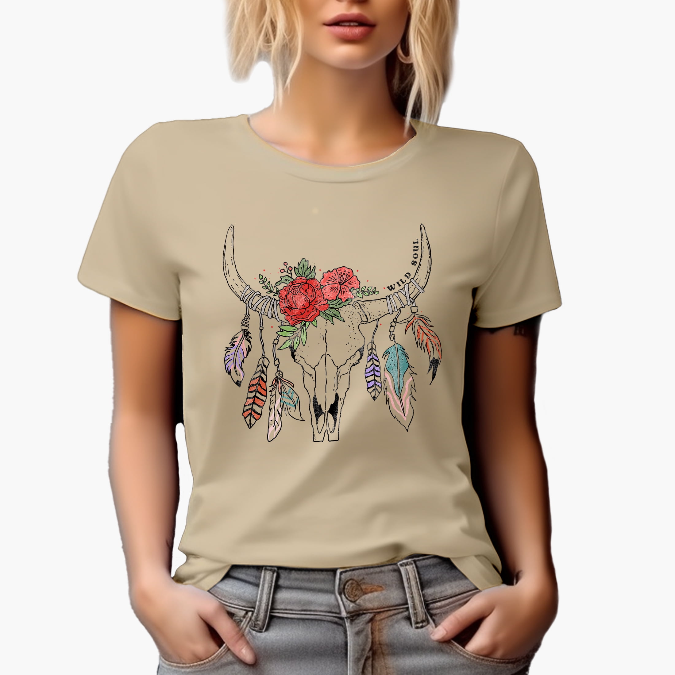 Retro Western Cow Skull Decorated with Flowers & Feathers Art Merch ...