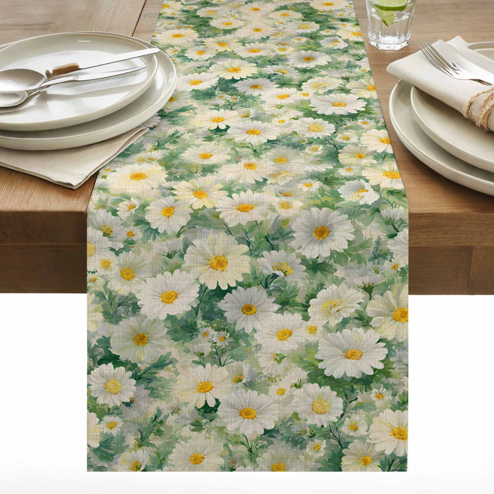 Retro White Daisy Cotton Linen Table Runner Watercolor Flower Green ...