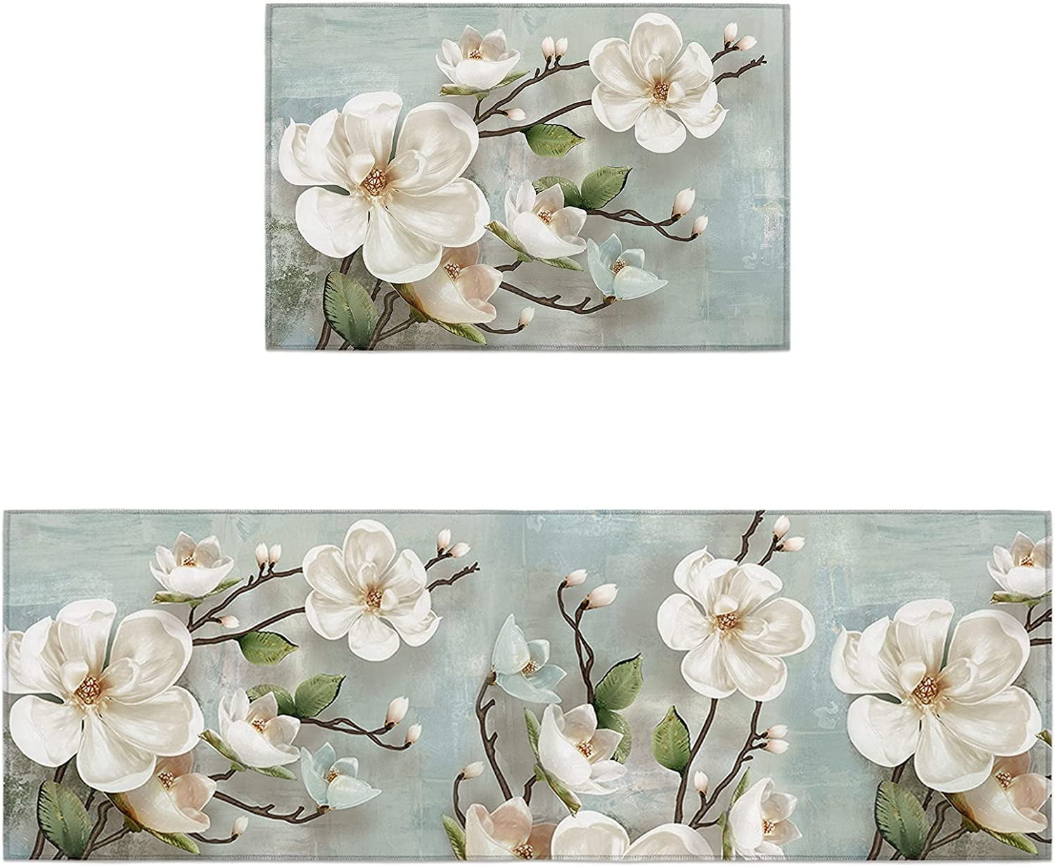 Retro White Flowers Kitchen Rugs Set of 2,Country French Chic Florals ...