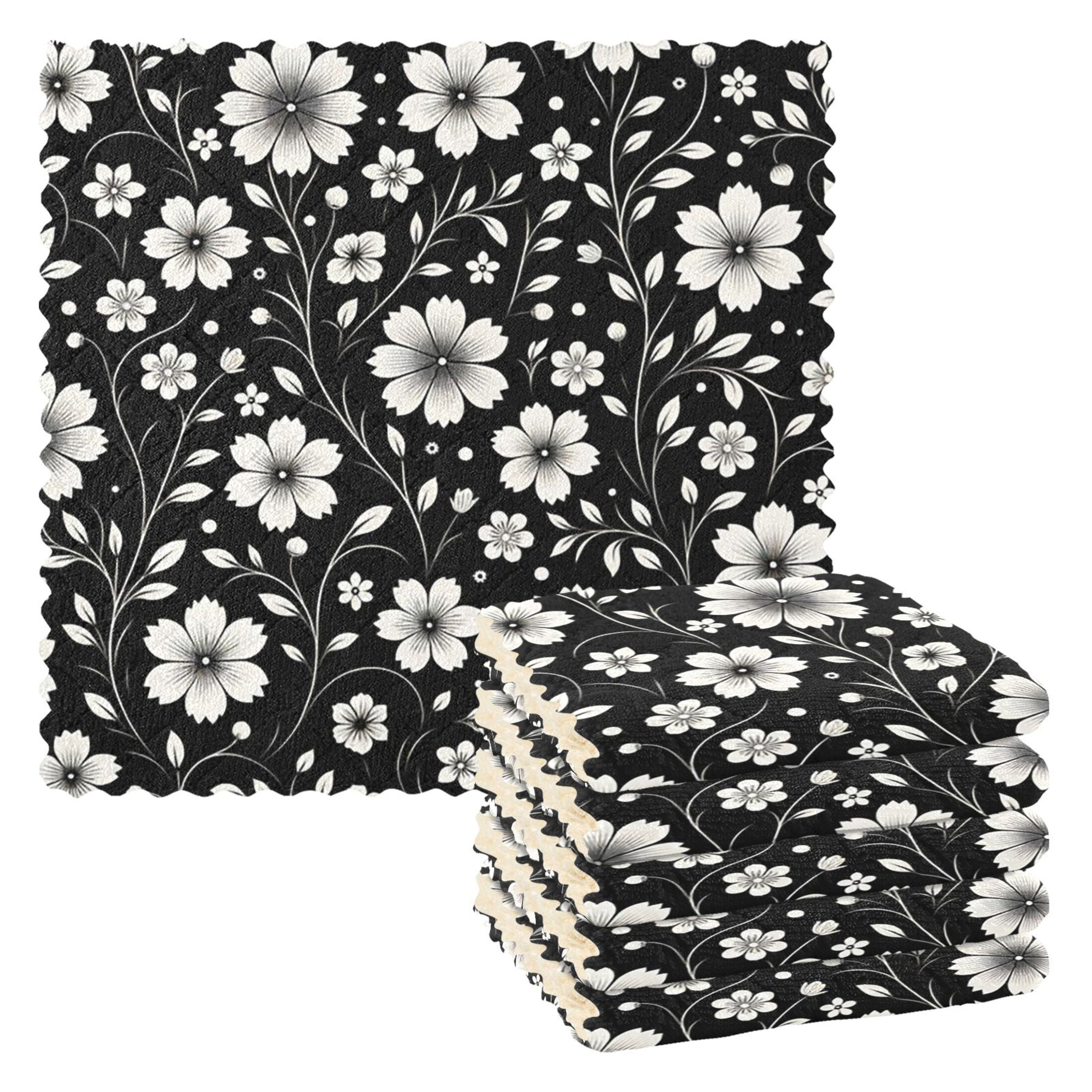 Retro White and Black Flowers Kitchen Towels 6 Pcs Dish Towels ...
