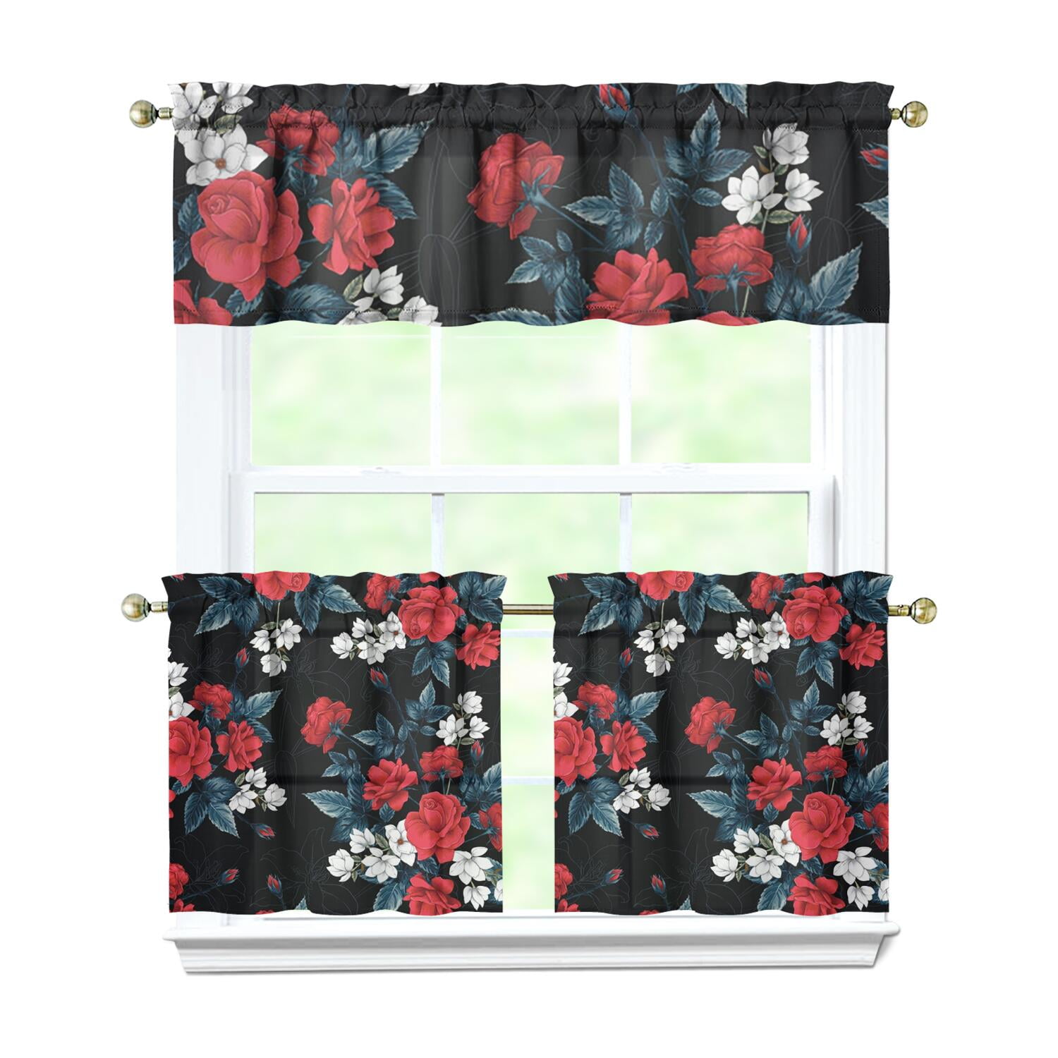 Retro Wildflower Curtains 24 Inch - 3 Panel Rustic Farmhouse Kitchen ...