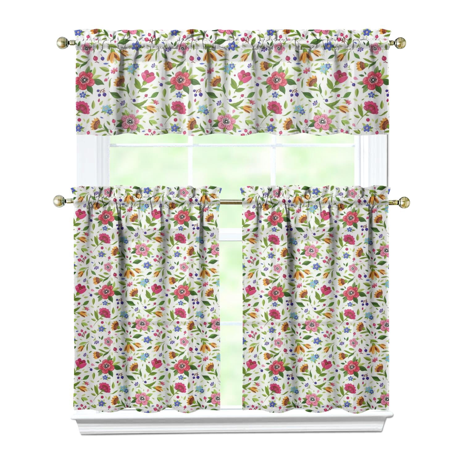 Retro Wildflower Curtains 36 Inch - 3 Panel Rustic Farmhouse Kitchen ...