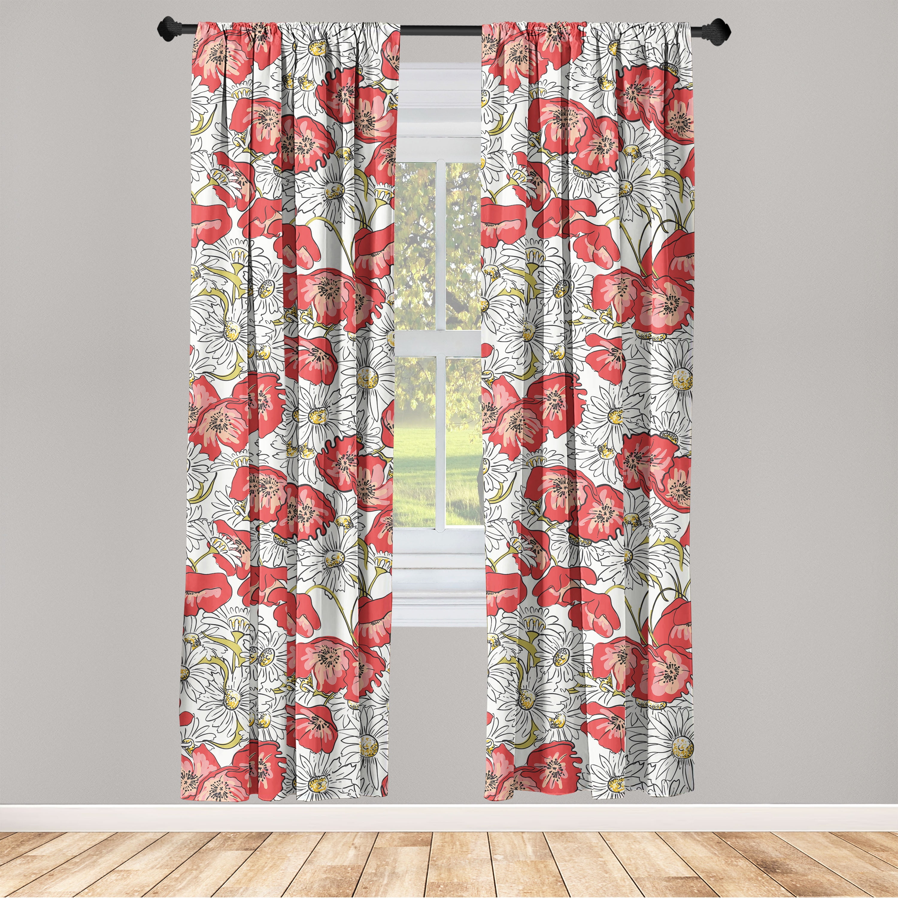 Retro Window Curtains, Flora Theme Hand-Drawn Repetitive Chamomile and ...