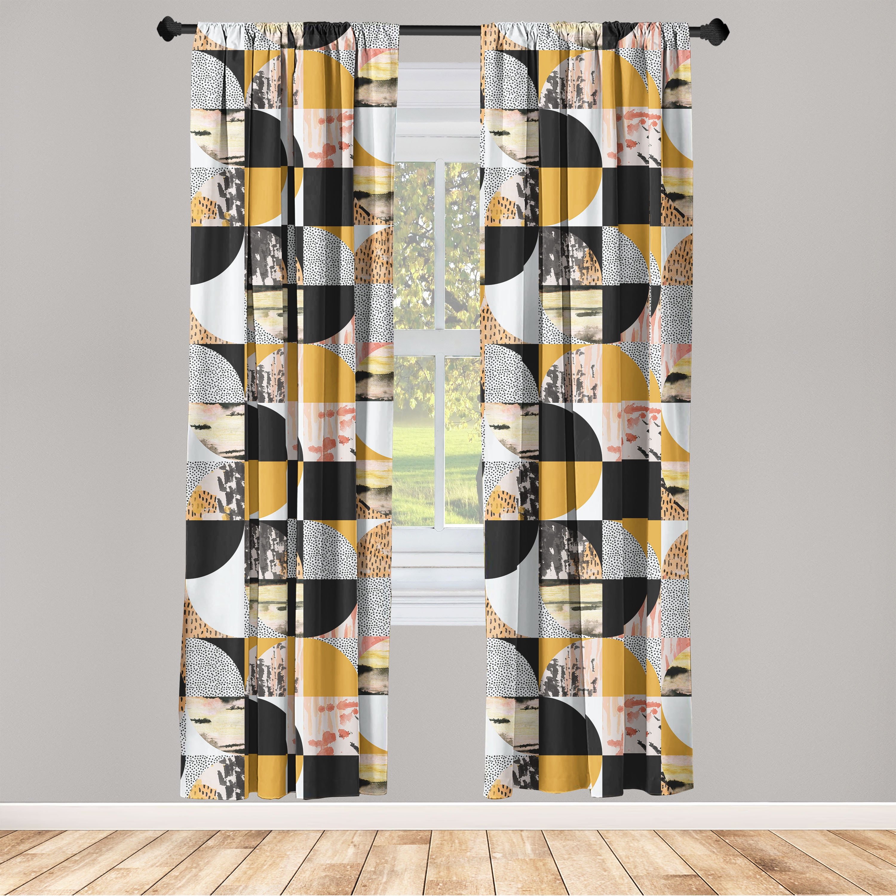 Retro Window Curtains, Minimalist Dots Pattern Quarter Circles Abstract ...