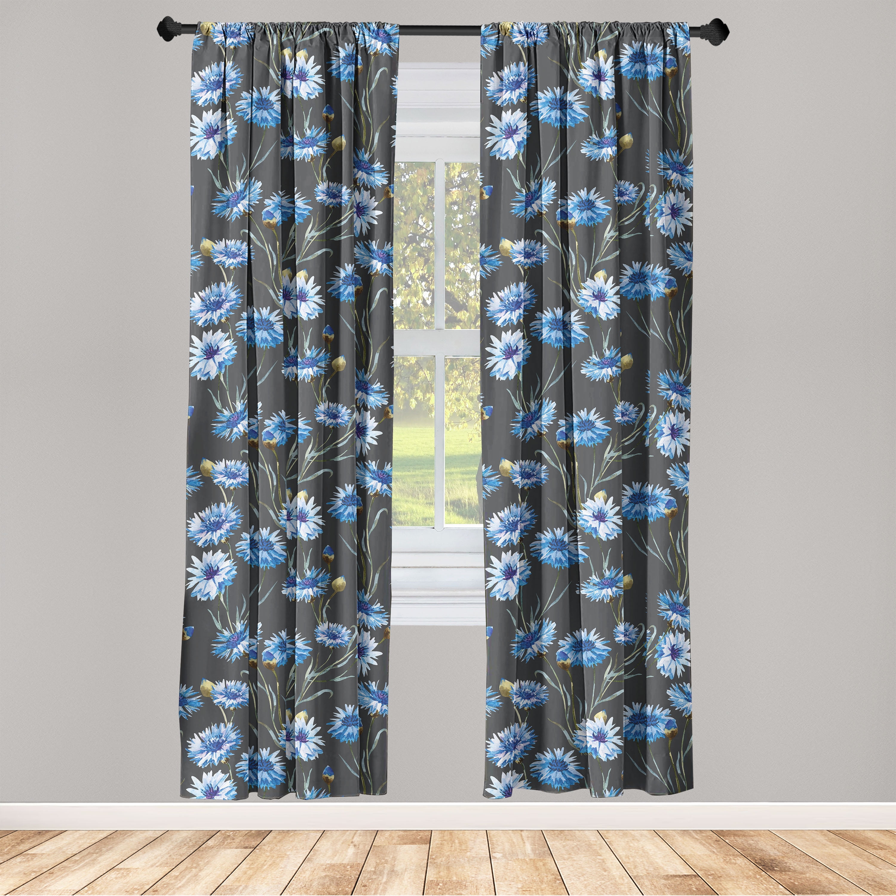 Retro Window Curtains, Watercolor Vintage Style Repeating Cornflowers ...