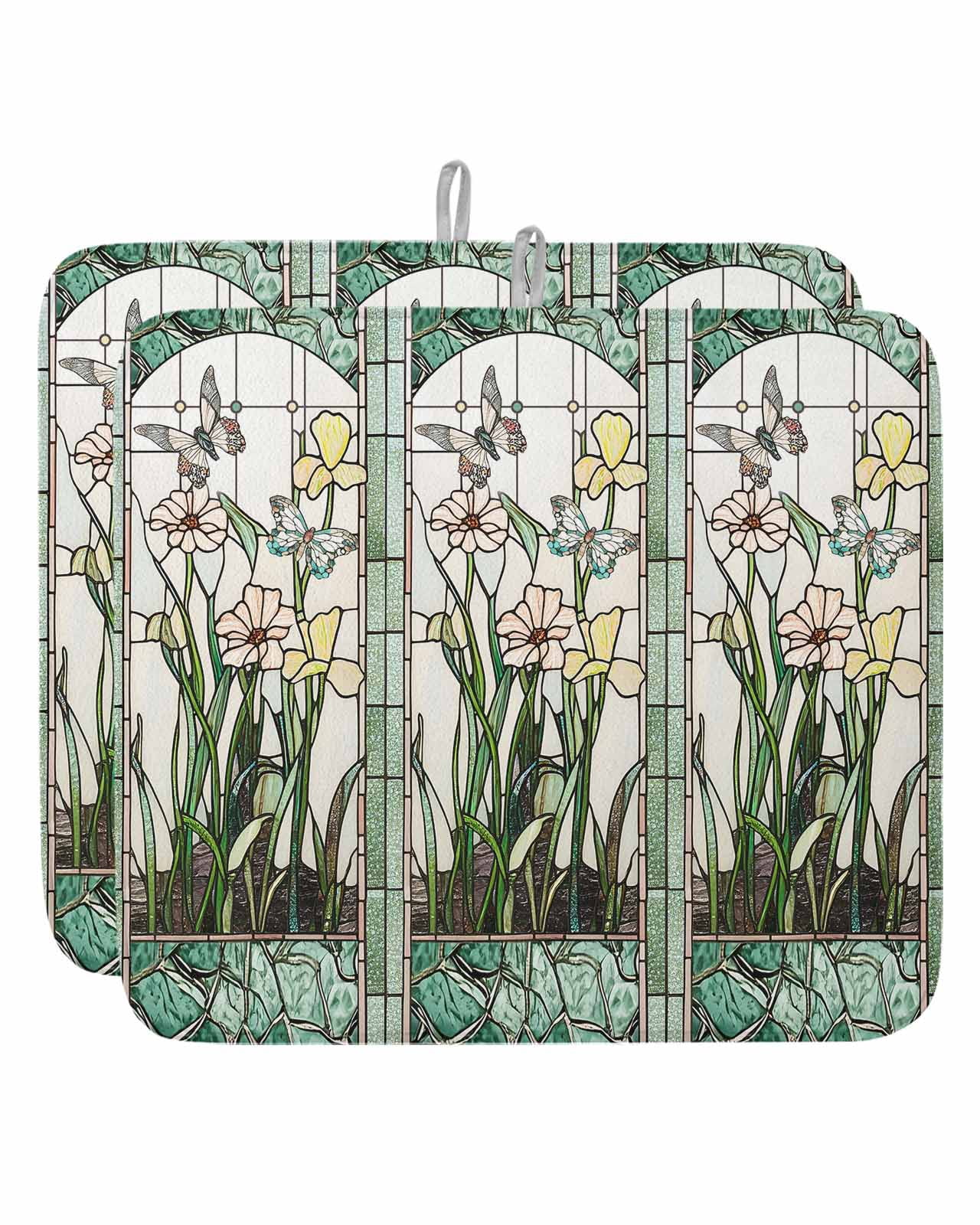 Retro Window Flowering Dish Drying Mat 16x18 inch Green Theme Floral ...