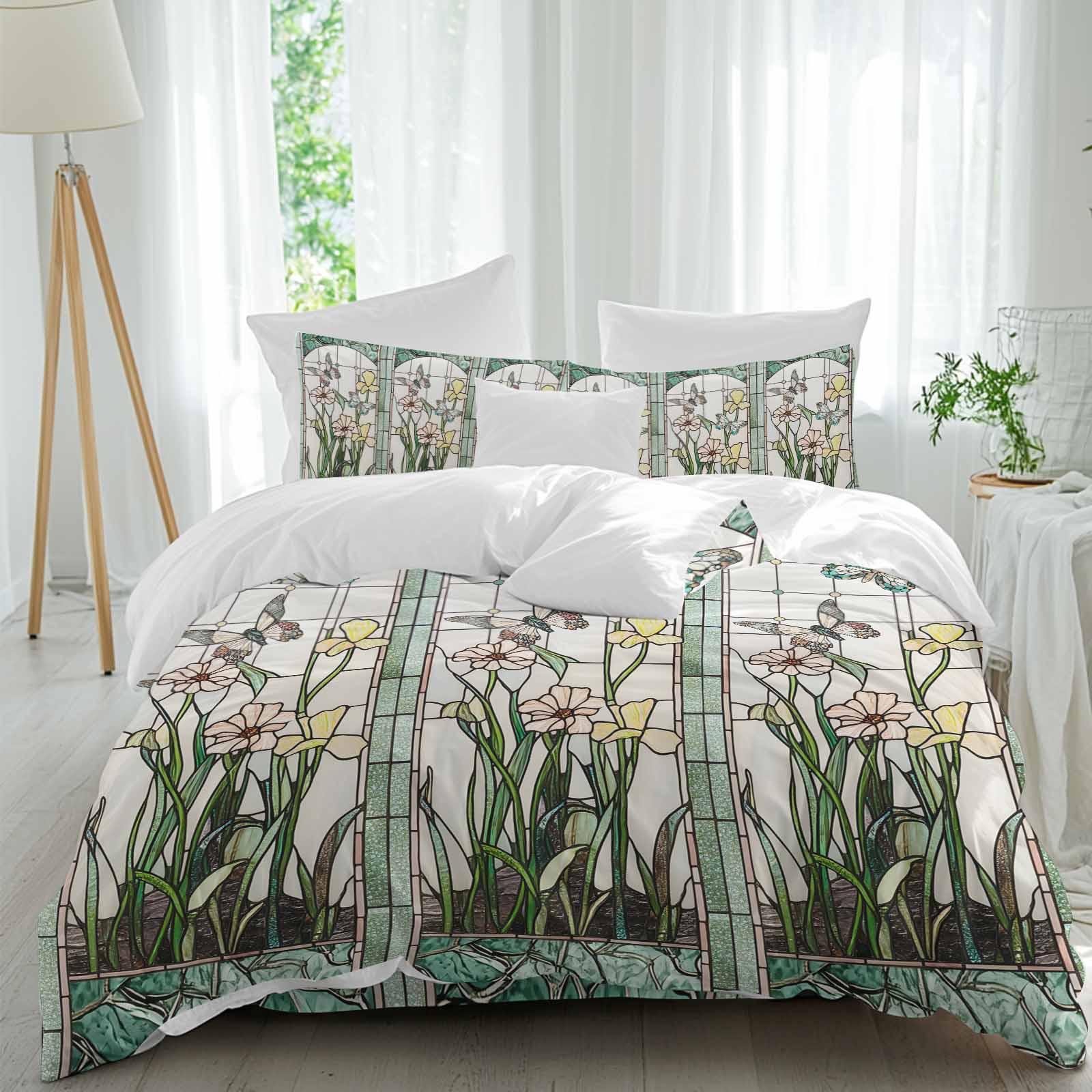 Retro Window Flowering Duvet Cover Set Queen Size Green Theme Floral ...