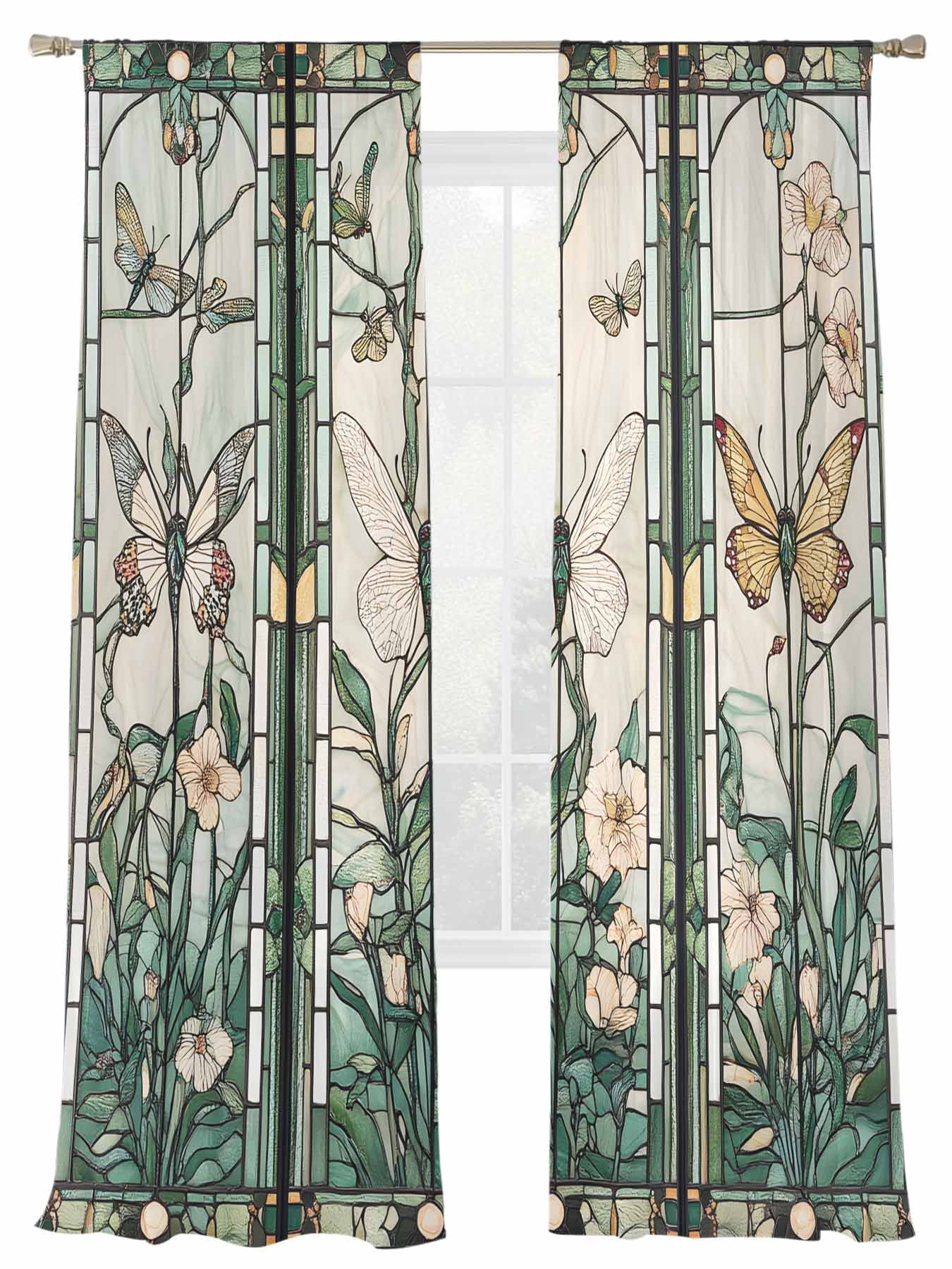 Retro Window Flowering Sheer Curtains 84 inches Long 2 Panels Set Green ...