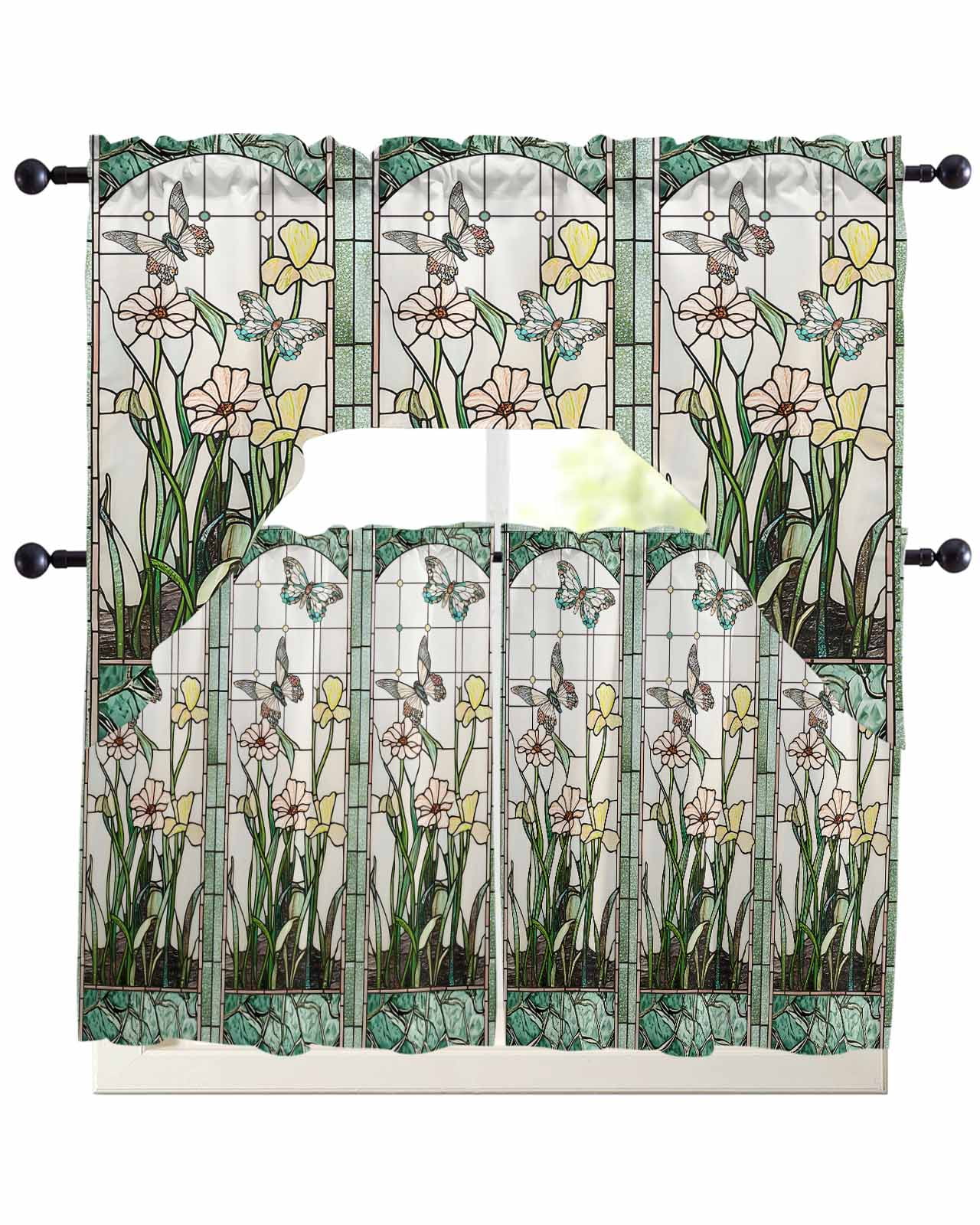 Retro Window Flowering Swag Valance and Tier Curtains Set Green Theme ...