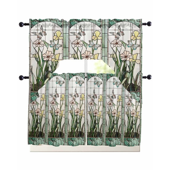 Retro Window Flowering Swag Valance and Tier Curtains Set Green Theme ...