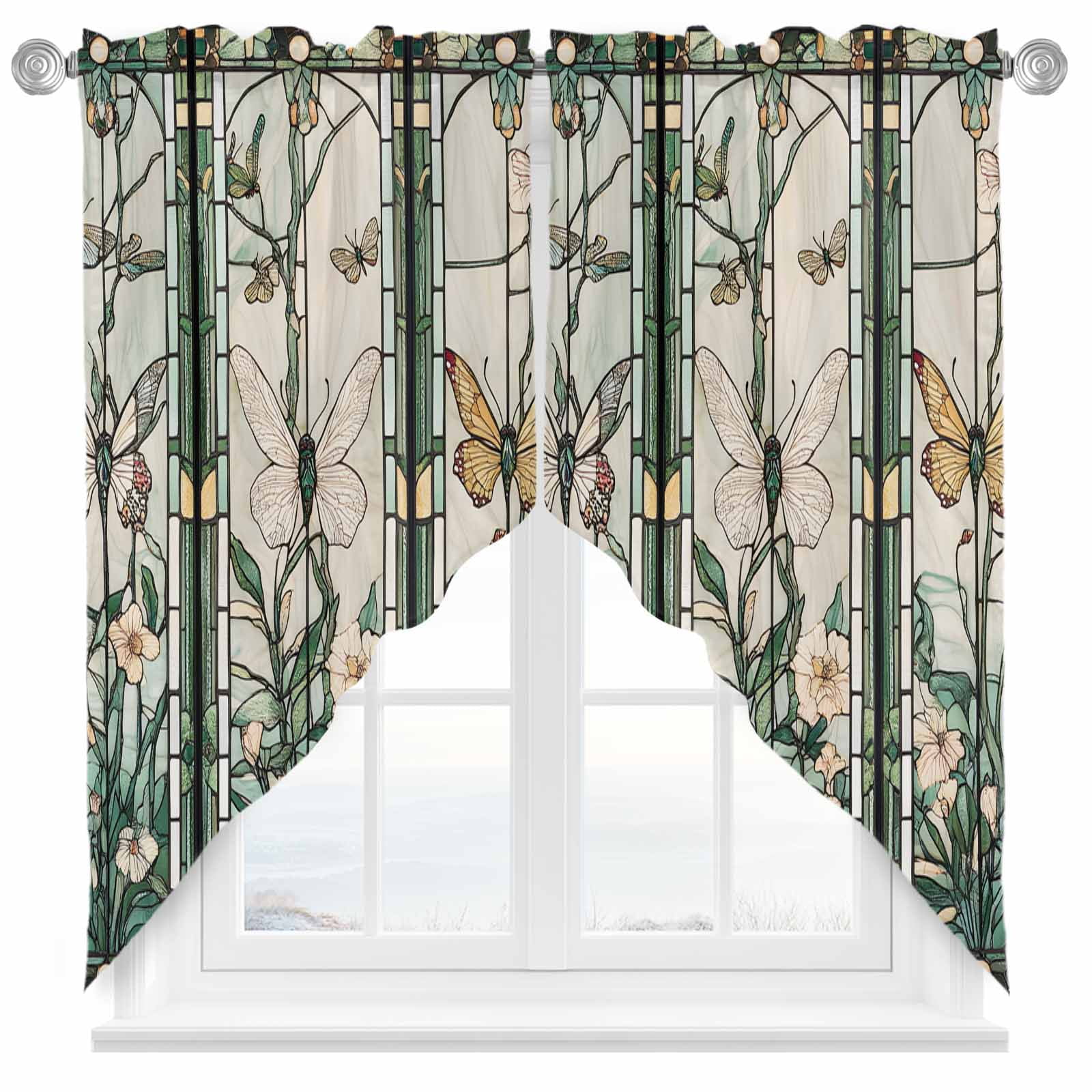 Retro Window Flowering Swag Valances for Windows 2 Pack Green Floral ...