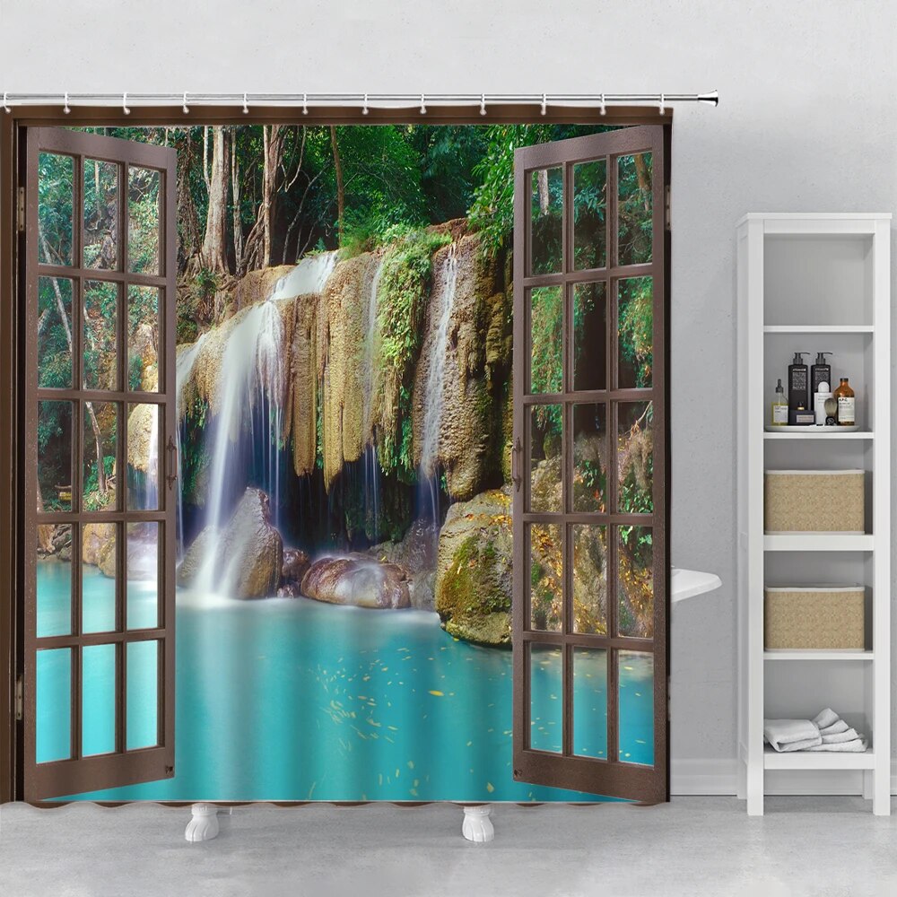 Retro Window Waterfall Scenery Shower Curtain Forest Lake Mountain ...