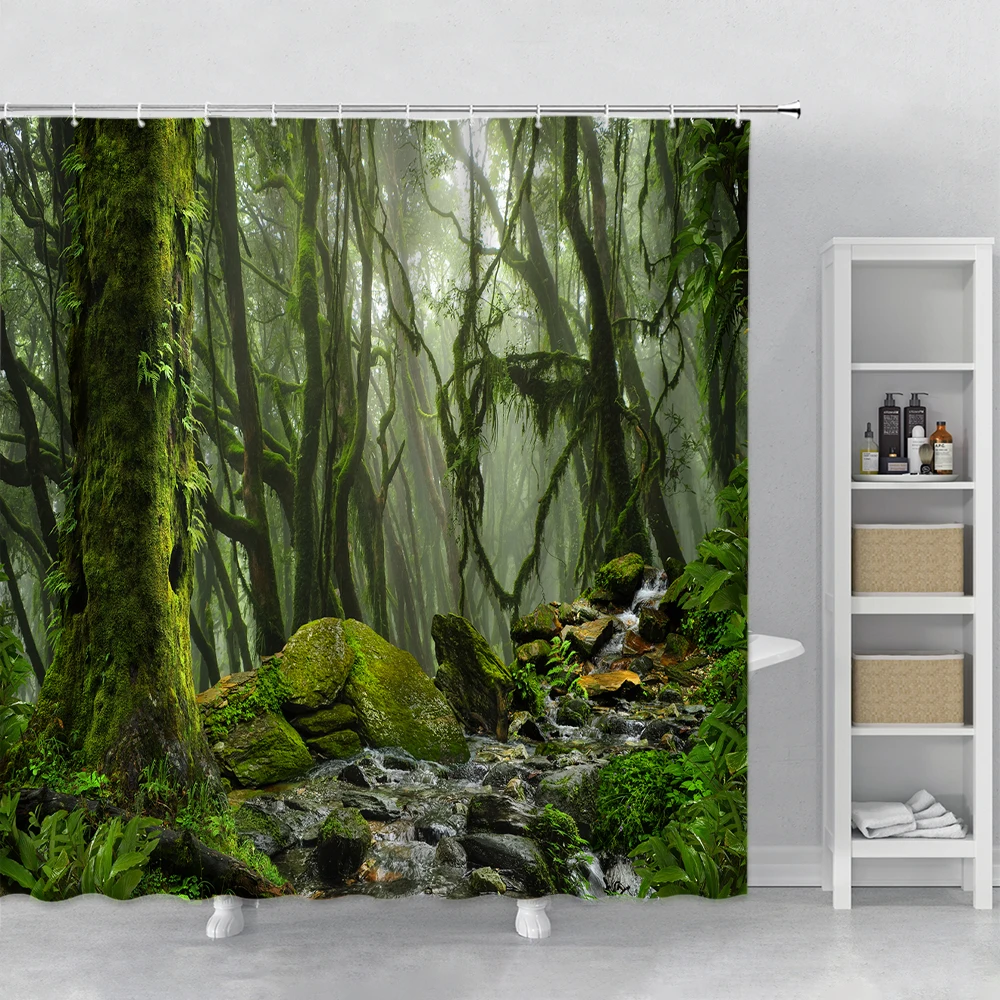 Retro Window Waterfall Scenery Shower Curtain Forest Lake Mountain ...