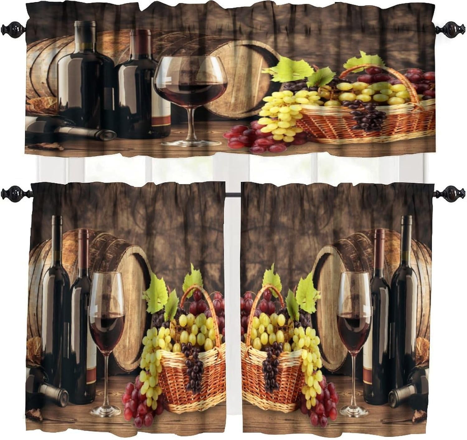 Retro Wine Kitchen Valance Curtains, Rustic Grapes Wine Cellar Barrel ...