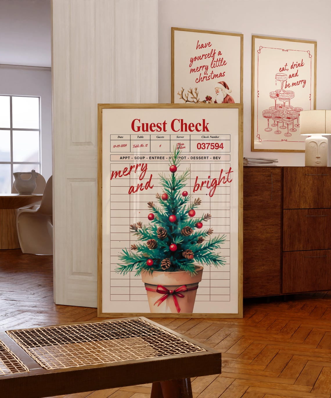 Retro Winter Art Print Guest Check Poster Vintage Tree Wall Decor Merry ...