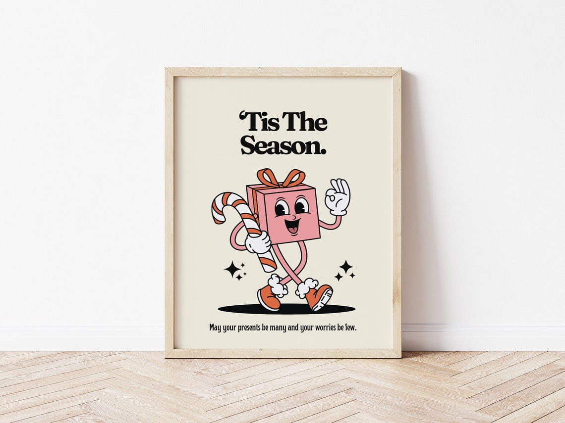 Retro Winter Festive Poster, Present Vintage Cartoon Character ...