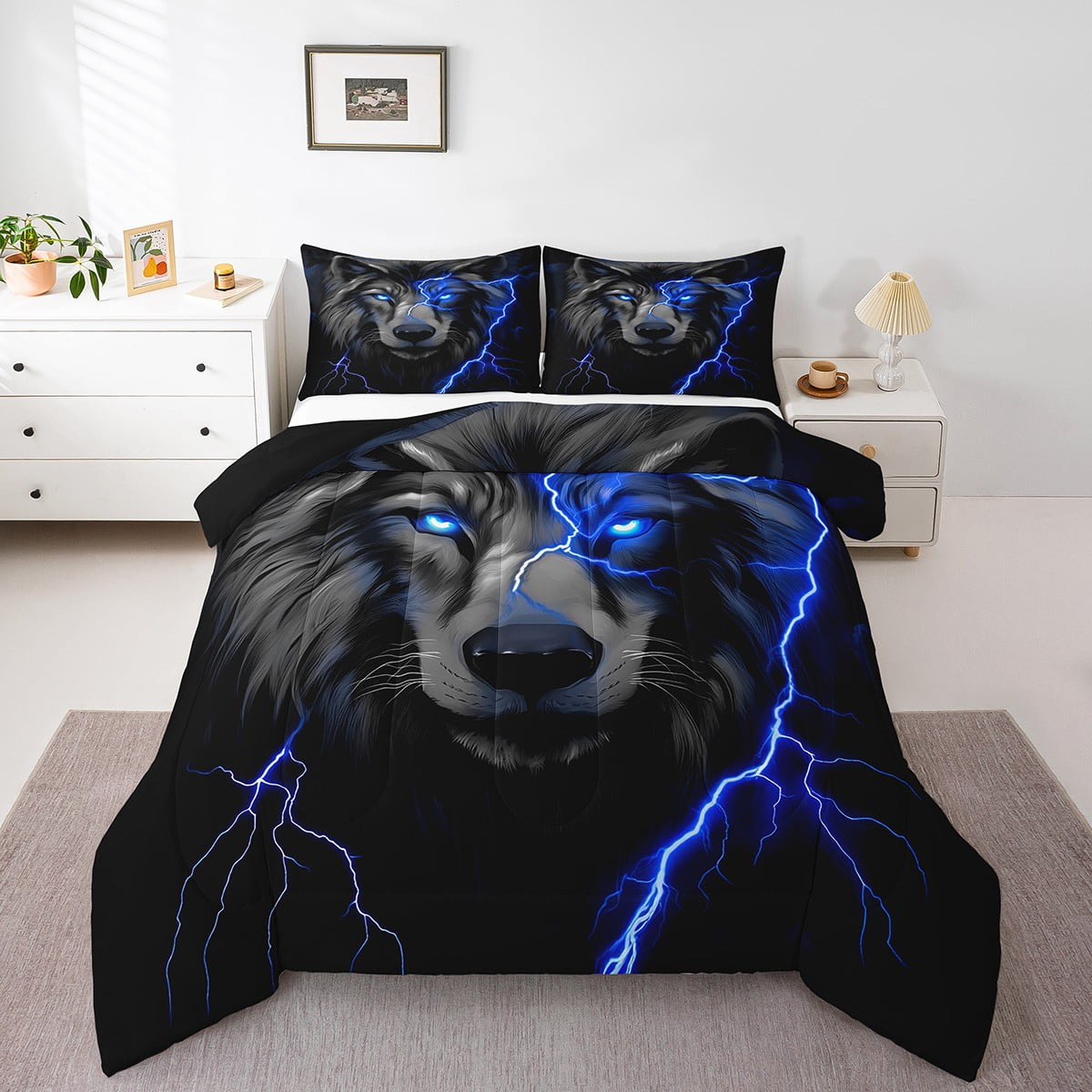 Retro Wolf Bedding Set Queen Black Blue Lightning Wolf Comforter Set ...