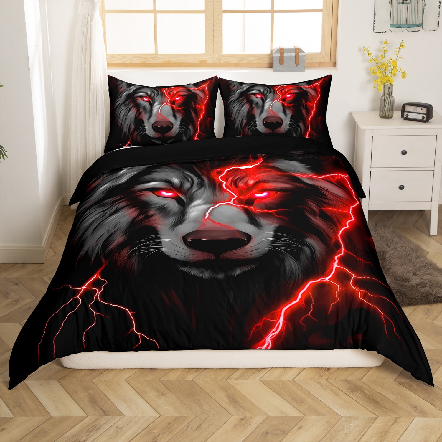 Retro Wolf Comforter Cover Teen Men,Black And Red Lightning Animal ...