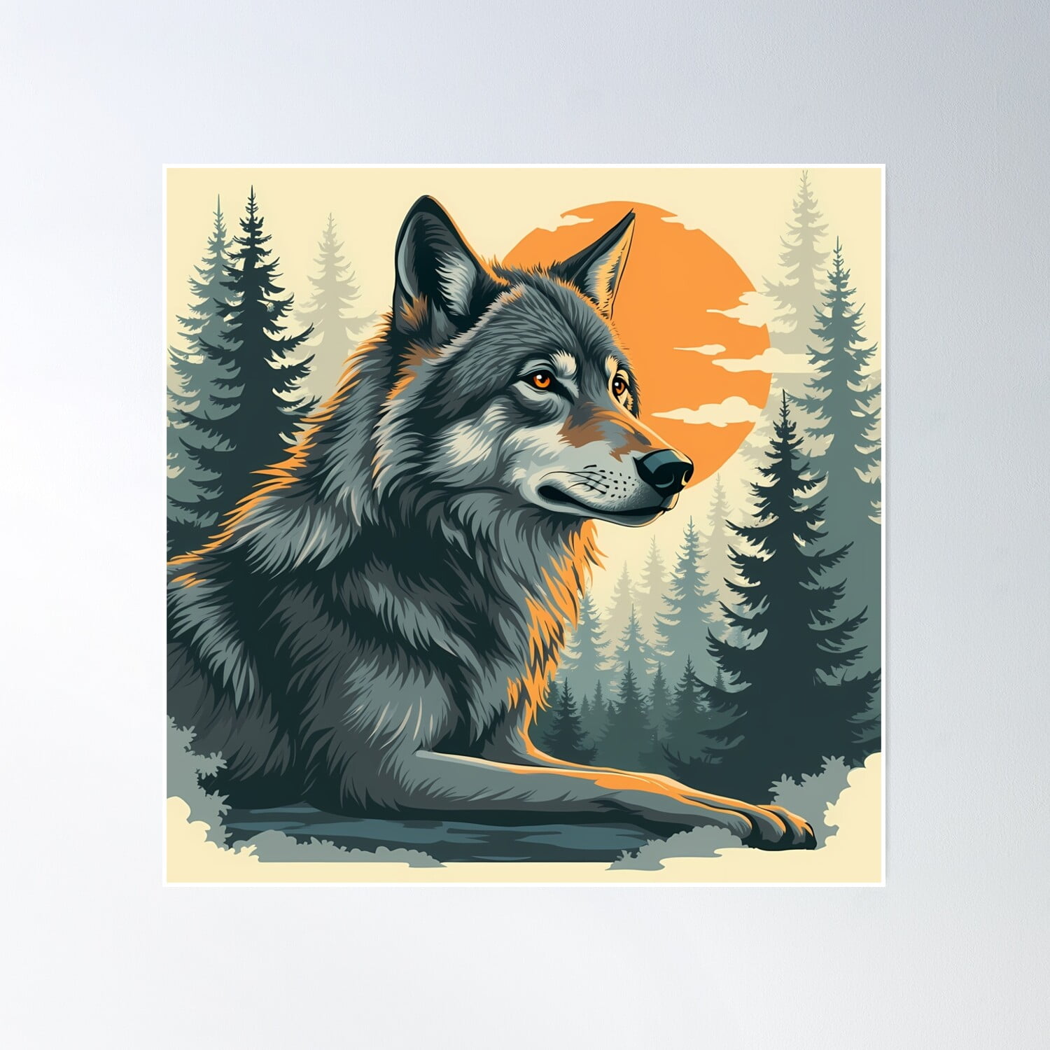 Retro Wolf Forest Sunset, Wilderness Aesthetic Animal Nature Lover ...