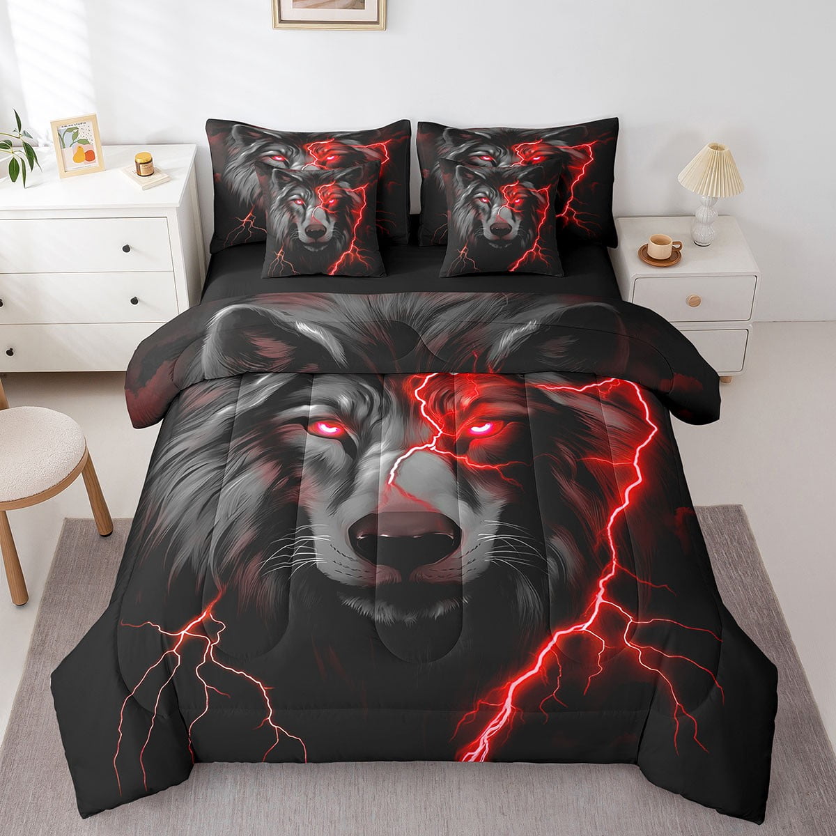 Retro Wolf Full Comforter Set 7 Piece Teen Men,Black And Red Lightning ...