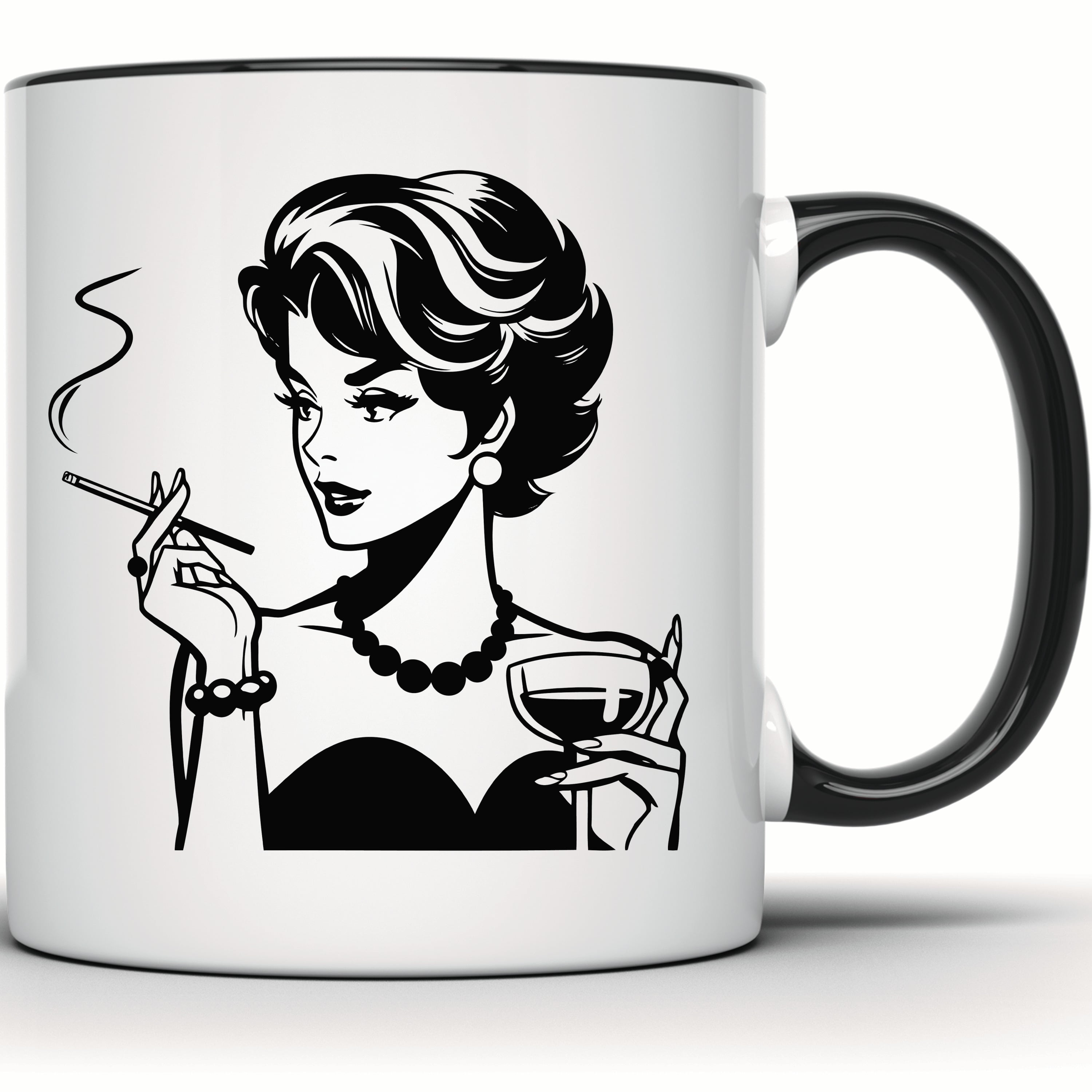 Retro Woman Mug - Vintage Lady Art Smoking Cigarette & Drinking Wine ...