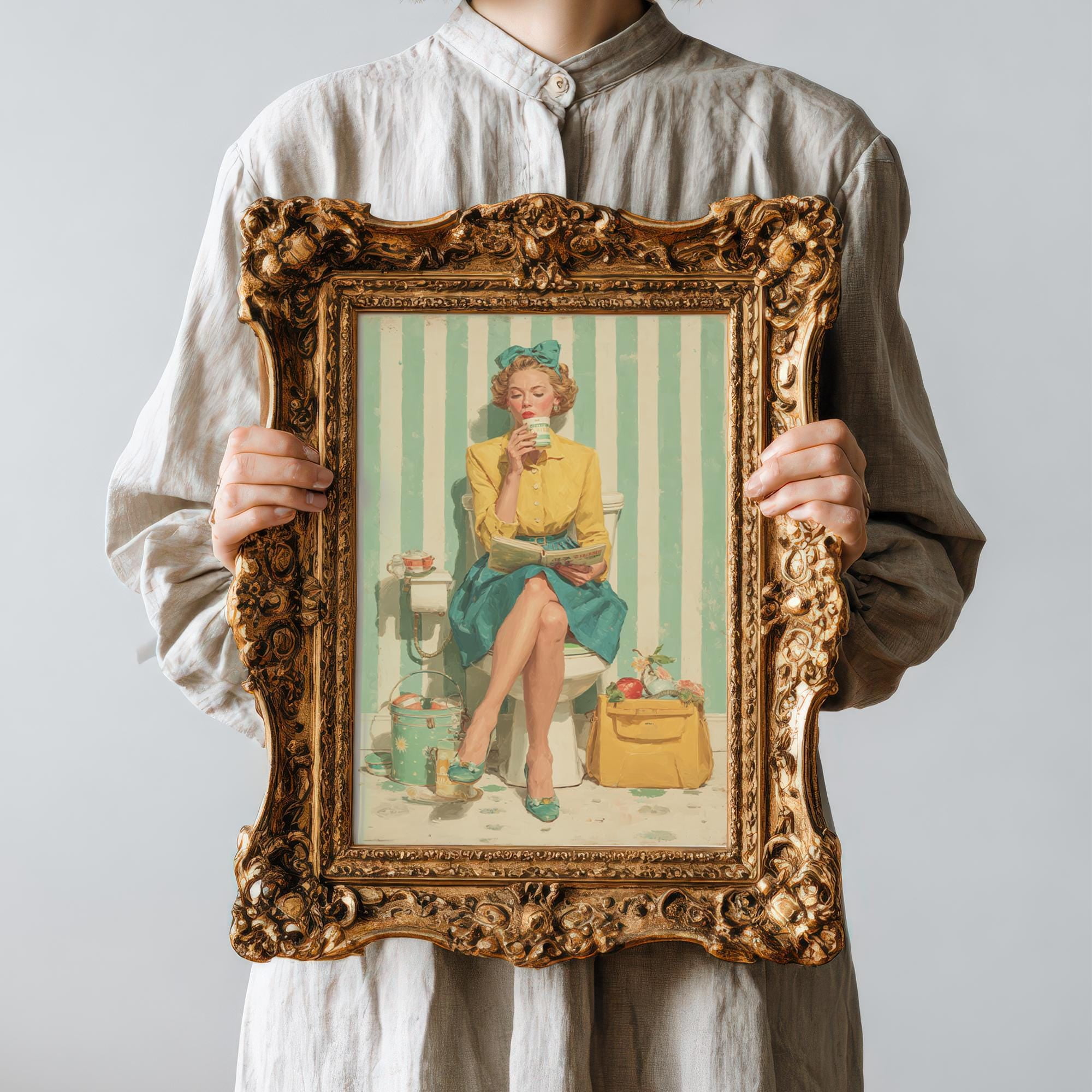 Retro Woman On Tet Print: Mid-Century Bathroom Art UNFRAMED Poster ...