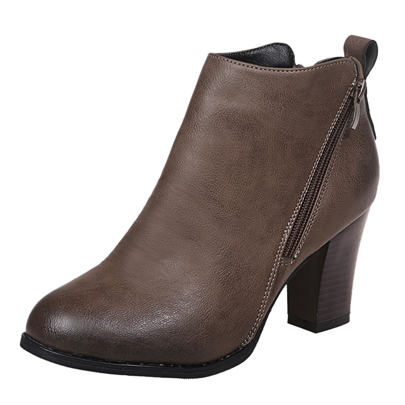 Retro Women Leather Square Wide Boots for Women Heel Zipper Solid Color ...