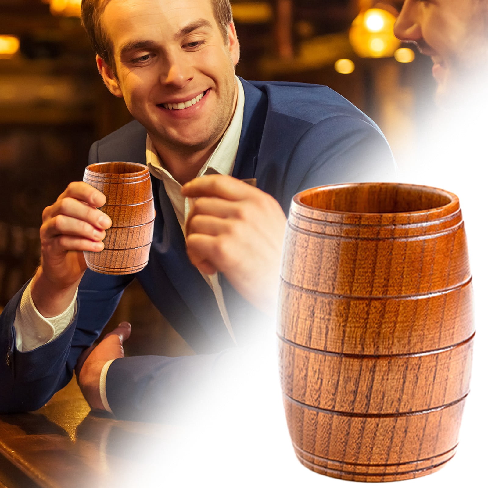 Retro Wood Barrel-Shaped Drinking Cup, Natural Wooden Mug for Beer, Tea ...
