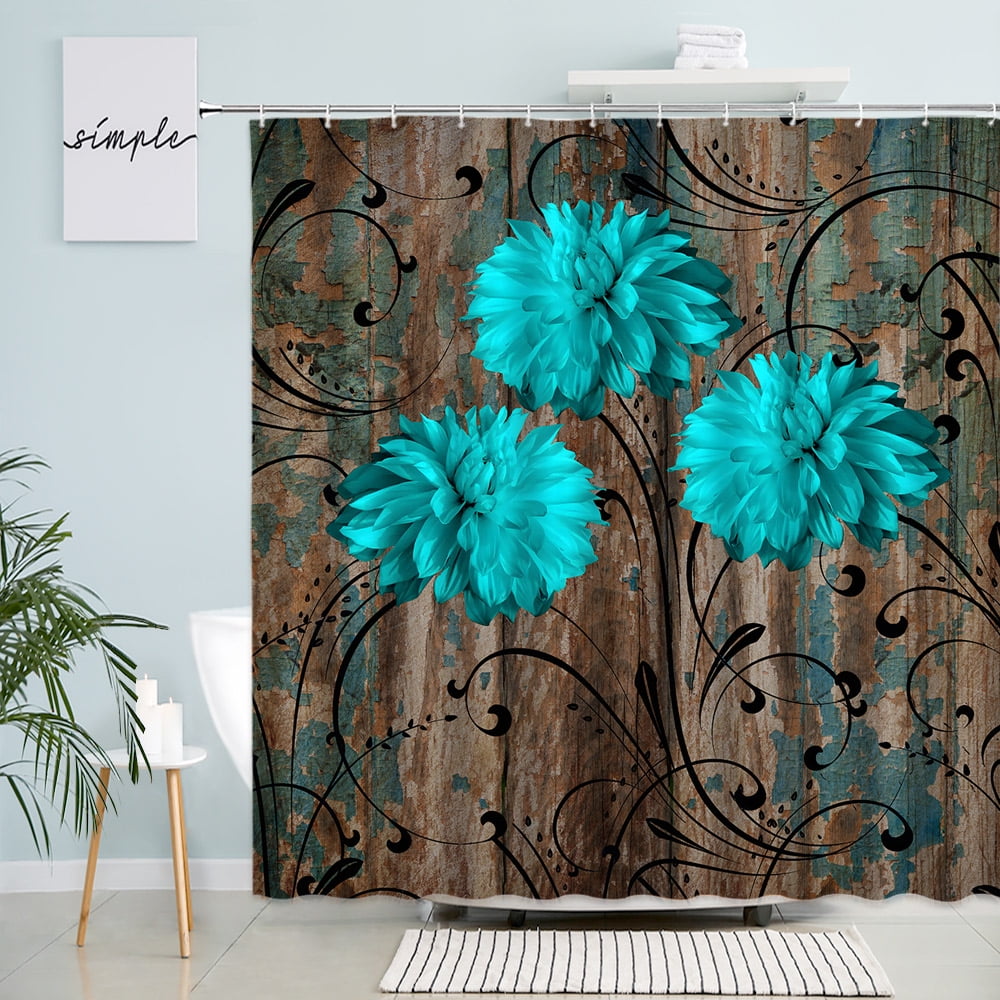 Retro Wood Board Flower Shower Curtains Creative Dahlia Floral Black ...