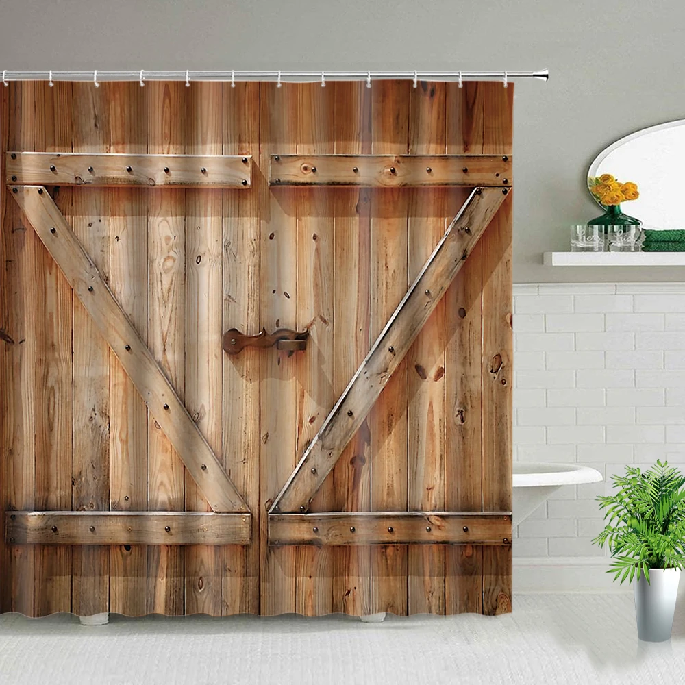 Retro Wood Doors Shower Curtain Rustic Old Vintage Barn door Fabric ...