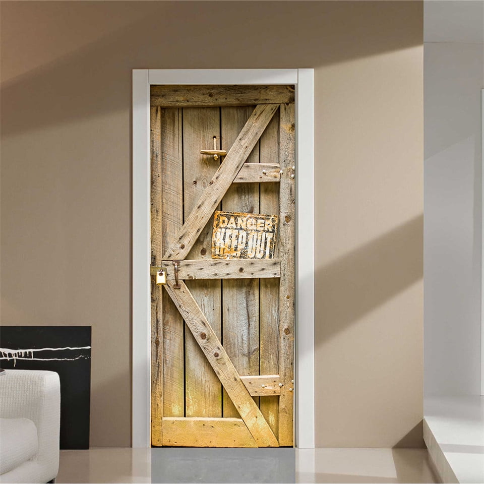 Retro Wood Grain Door Sticker Home Design DIY Adhesive Wallpaper for ...