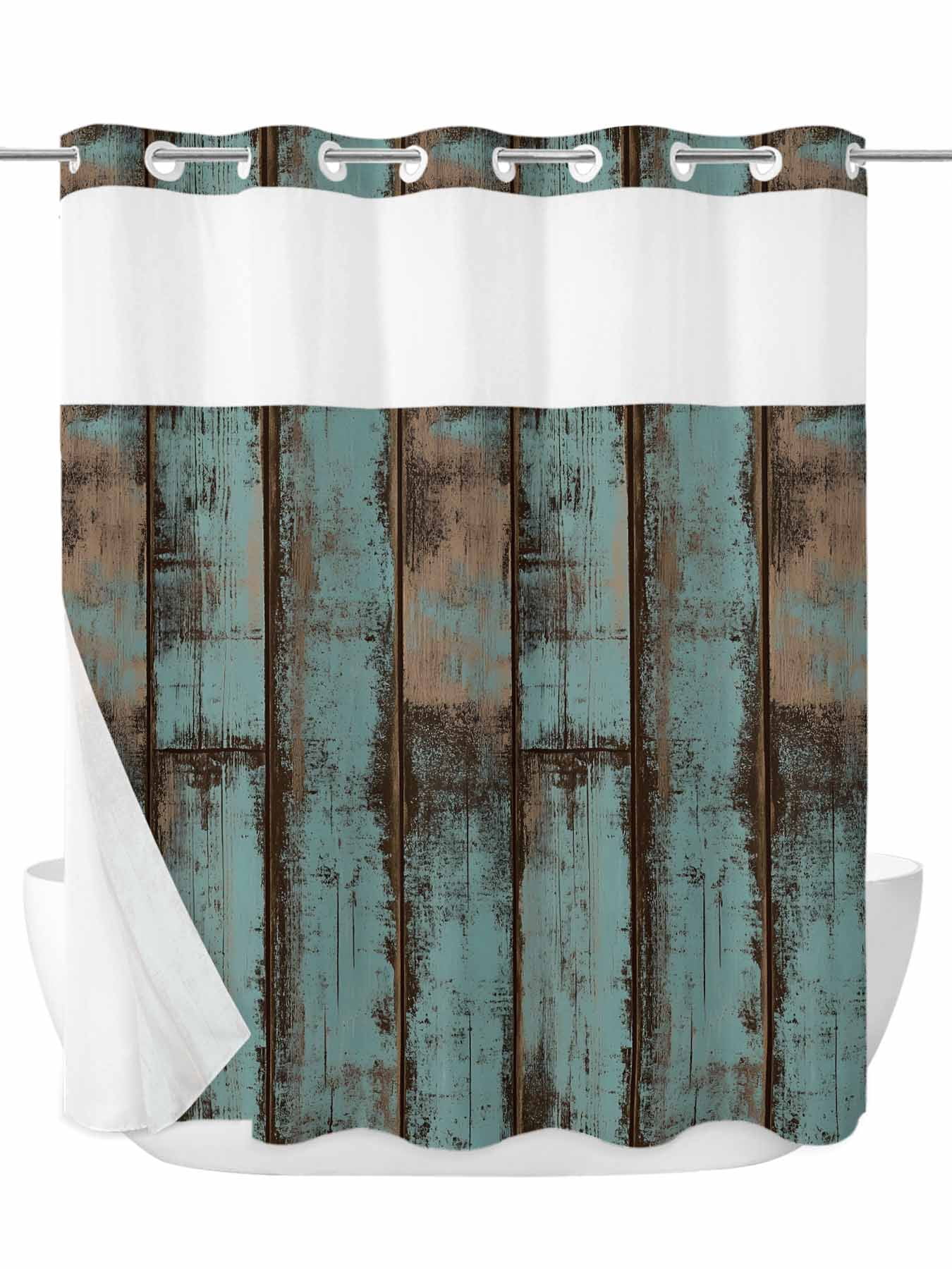 Retro Wood Grain No Hook Shower Curtain and Liner Set Gradient Barn ...