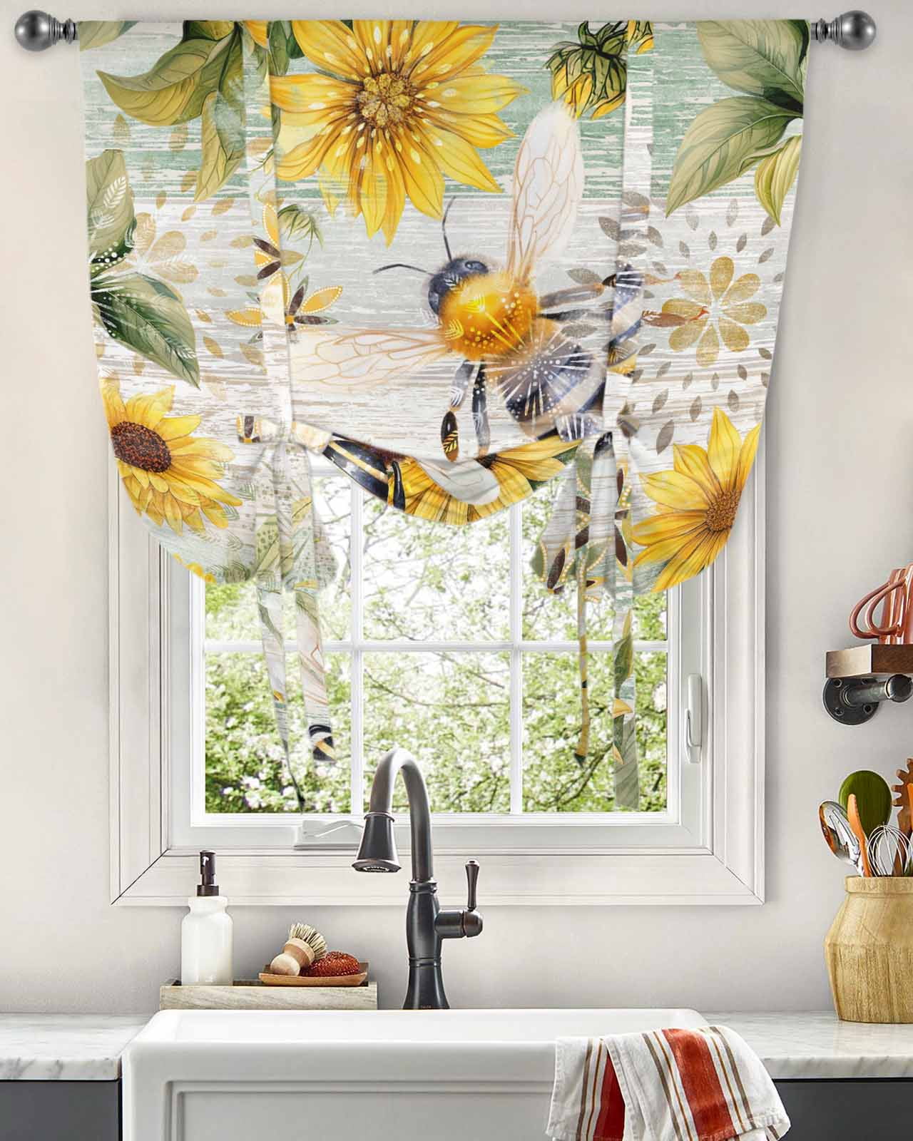 Retro Wood Grain Sunflower Bee Window Curtain for Living Room Home r ...