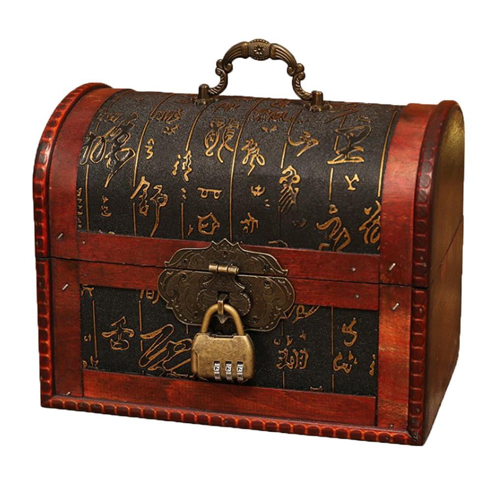Retro Wood Treasure Chest Keepsake Necklace Metal Password Lock Storage ...