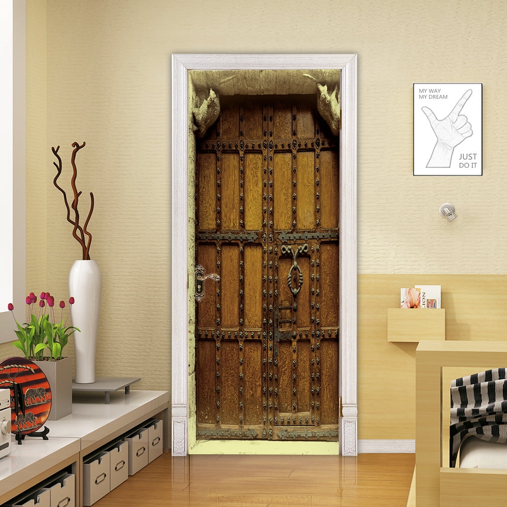 Retro Wooden Door Stickers 3D PVC Self-adhesive Wallpaper Custom Size ...