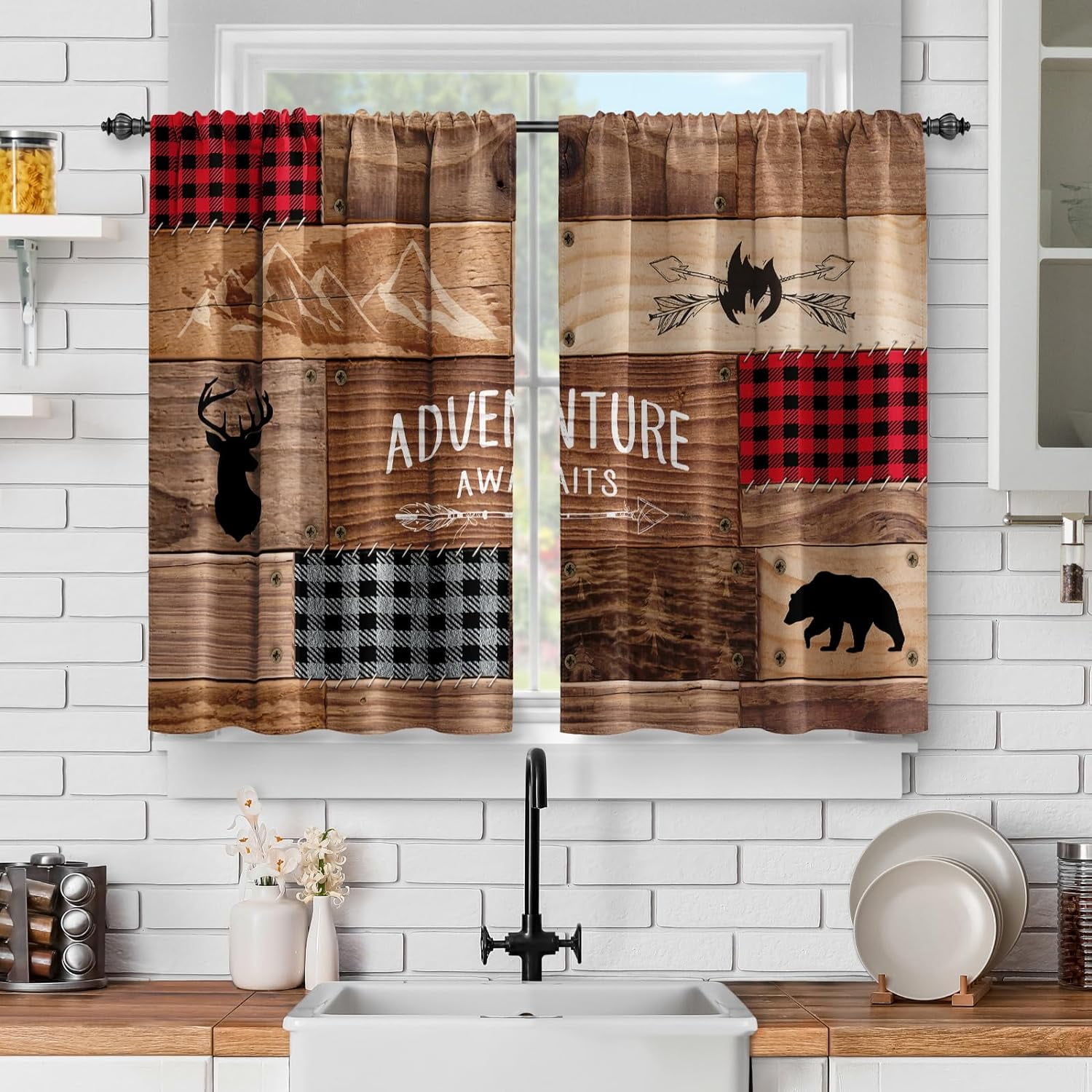 Retro Wooden Farmhouse Kitchen Curtains: Rustic Lodge Bear Moose Deer ...