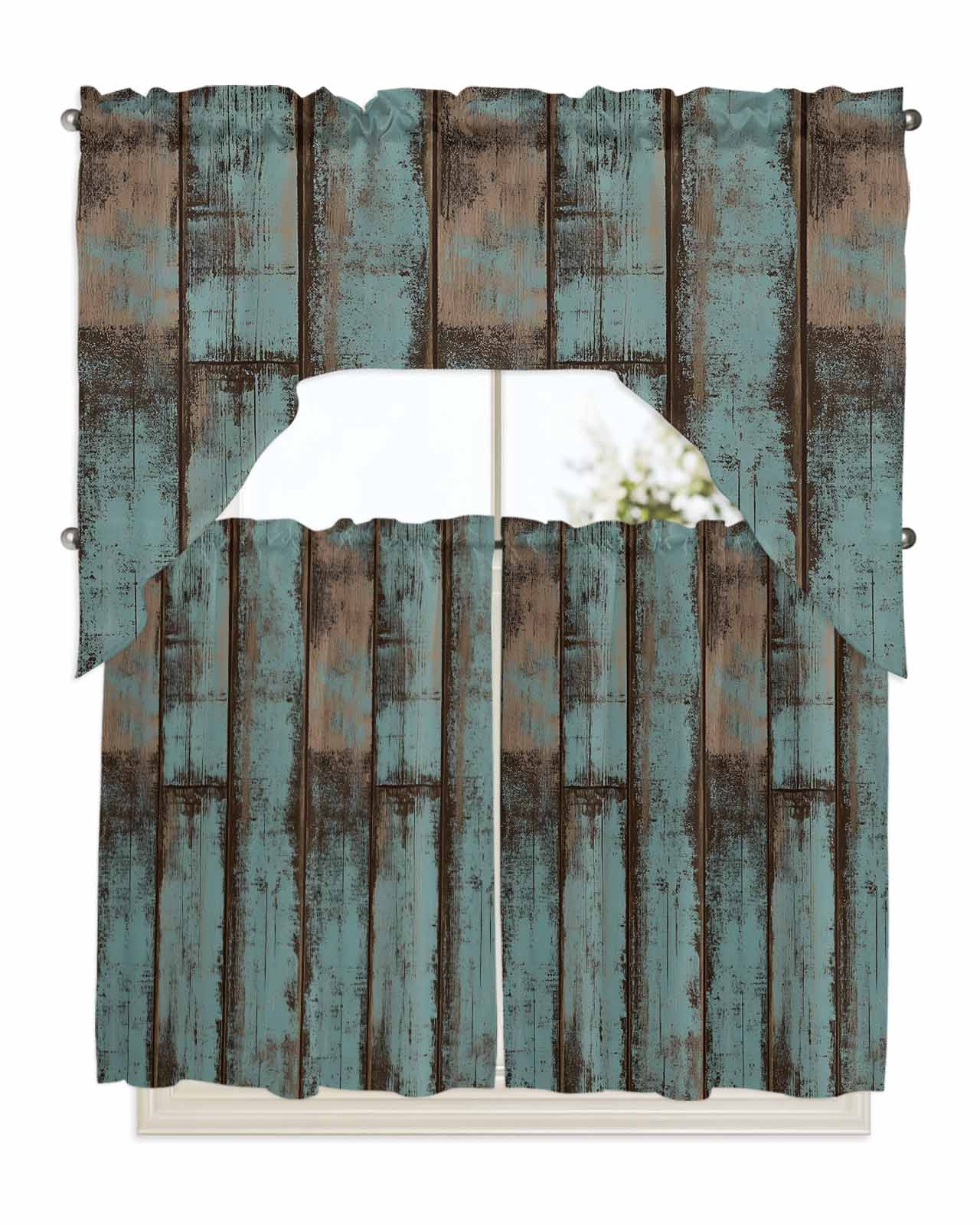 Retro Wooden Grain Kitchen Curtains Swag Valance and Tier Curtains Set ...