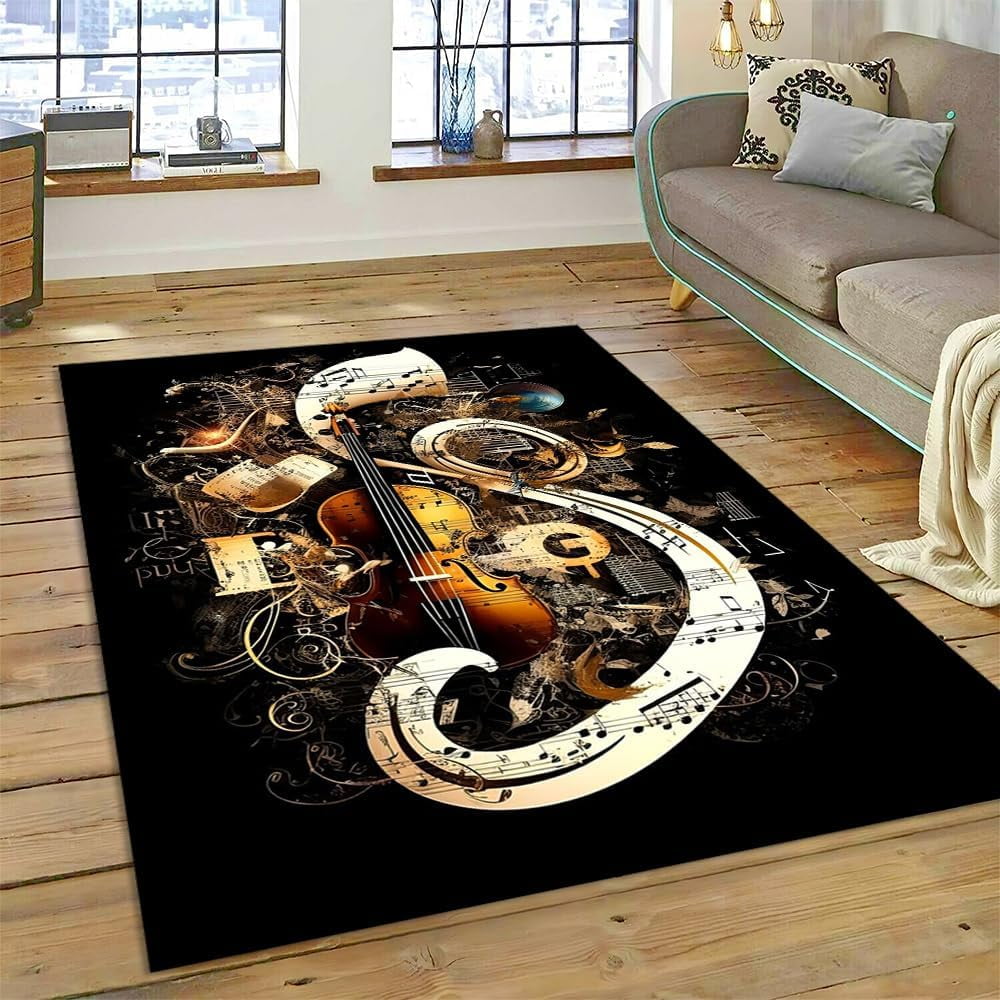 Retro Wooden Guitar Area Rugs, Abstract Music Symbol Sheet Carpet For ...