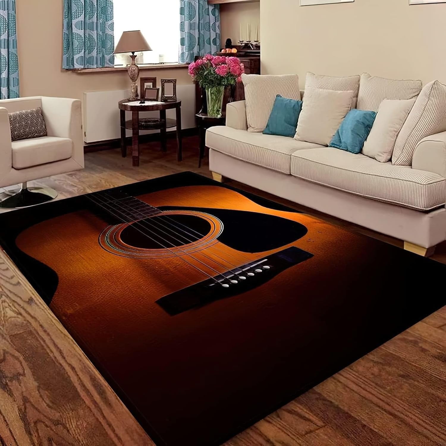 Retro Wooden Guitar Area Rugs, Music Lover Black Breathable Durable ...