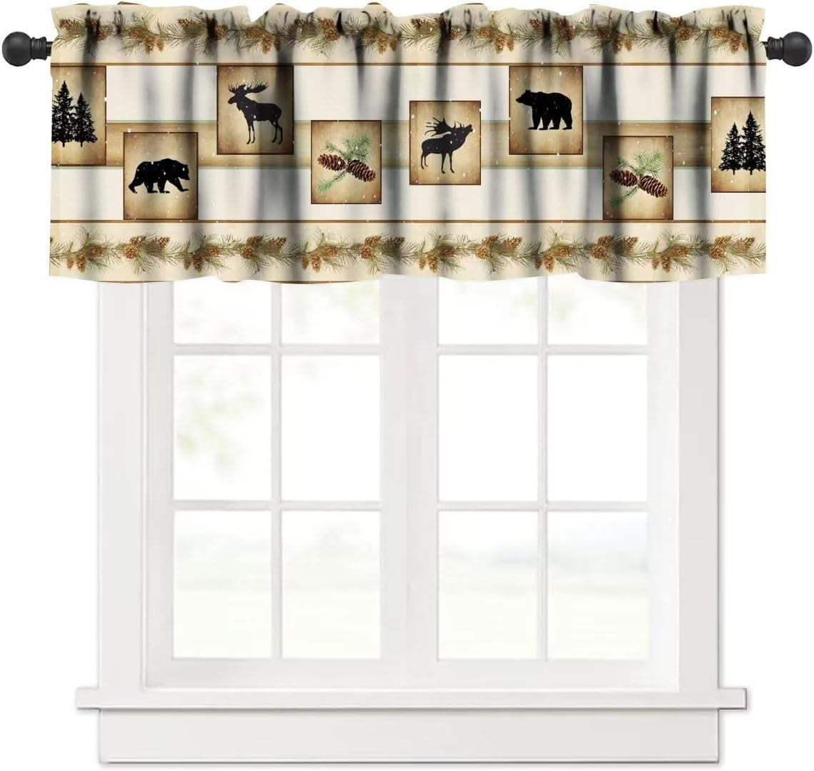 Retro Woodland Valance,Cabin Rustic Lodge Brown Green Pinecone Print ...