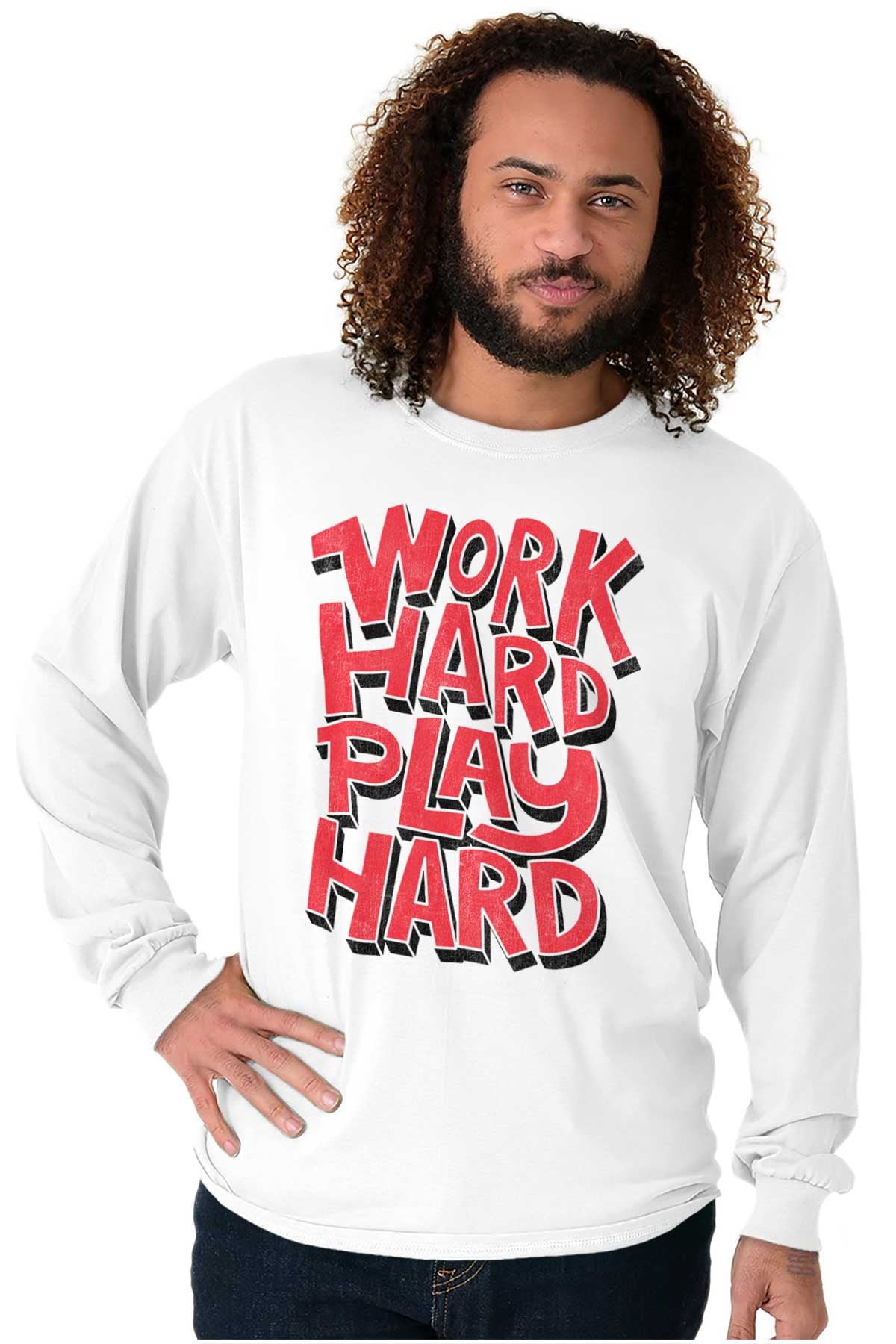 Retro Work Play Hard Mantra Motto Plus Size Long Sleeve Graphic Tee ...