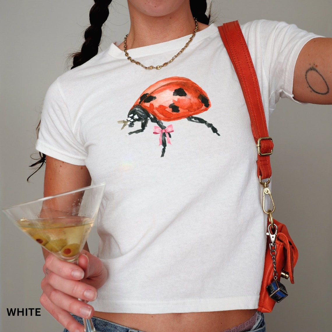 Retro Y2K Ladybug Print Baby Tee, Coquette Aesthetic, Feminine Pink Bow ...