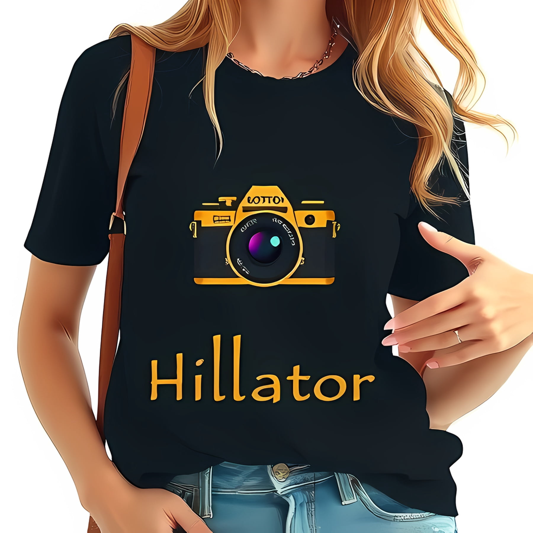 Retro Yellow Camera Graphic T-Shirt for Women - 'Hillator' Bold Print ...