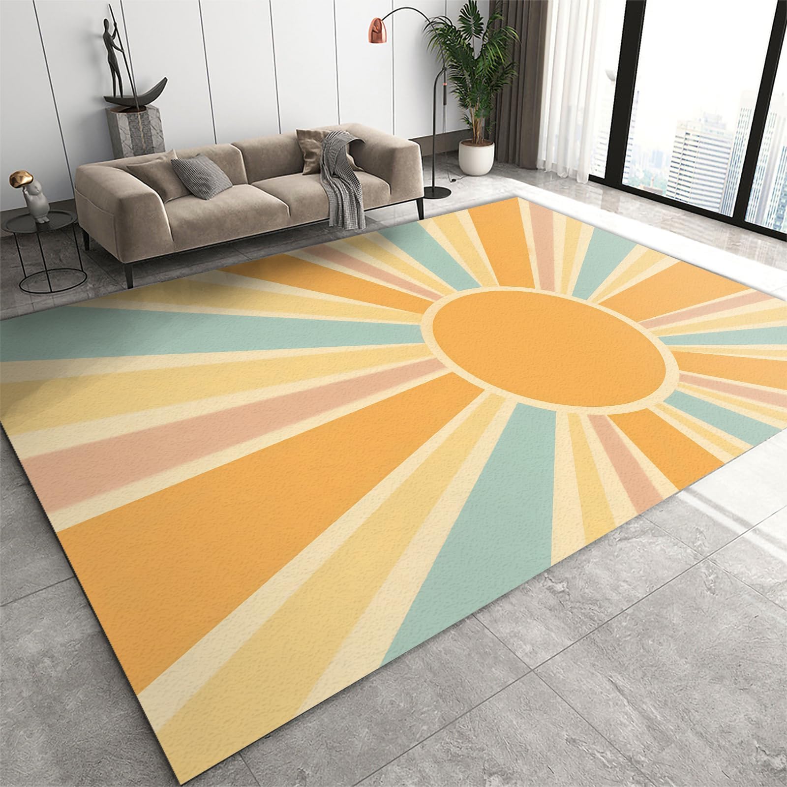 Retro Yellow Sun Sun Radial Rays Art Decorative Rug, Easy Clean Carpet ...